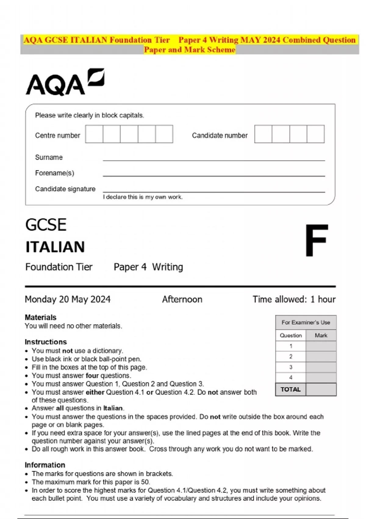 AQA GCSE ITALIAN Foundation Tier Paper 4 Writing MAY 2024 Combined ...