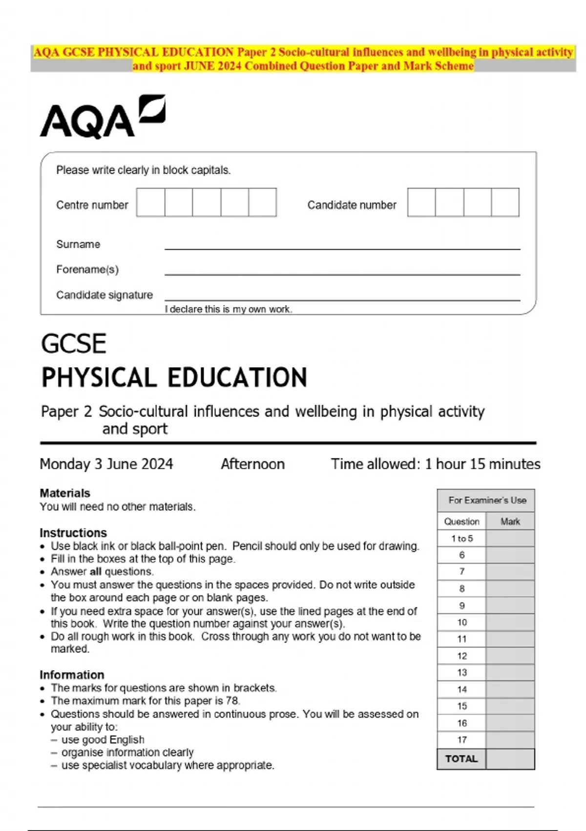 AQA GCSE PHYSICAL EDUCATION Paper 2 Socio-cultural influences and ...
