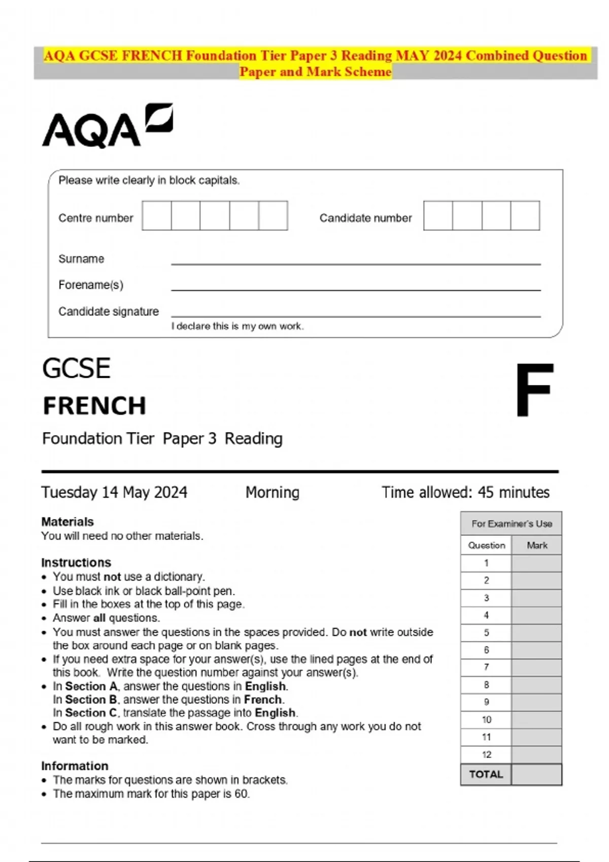 AQA GCSE FRENCH Foundation Tier Paper 3 Reading MAY 2024 Combined ...