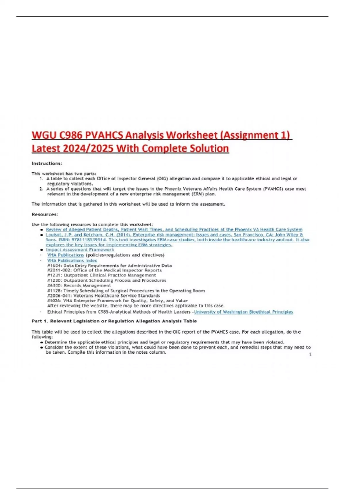 WGU C986 PVAHCS Analysis Worksheet (Assignment 1) Latest 2024/2025 With ...