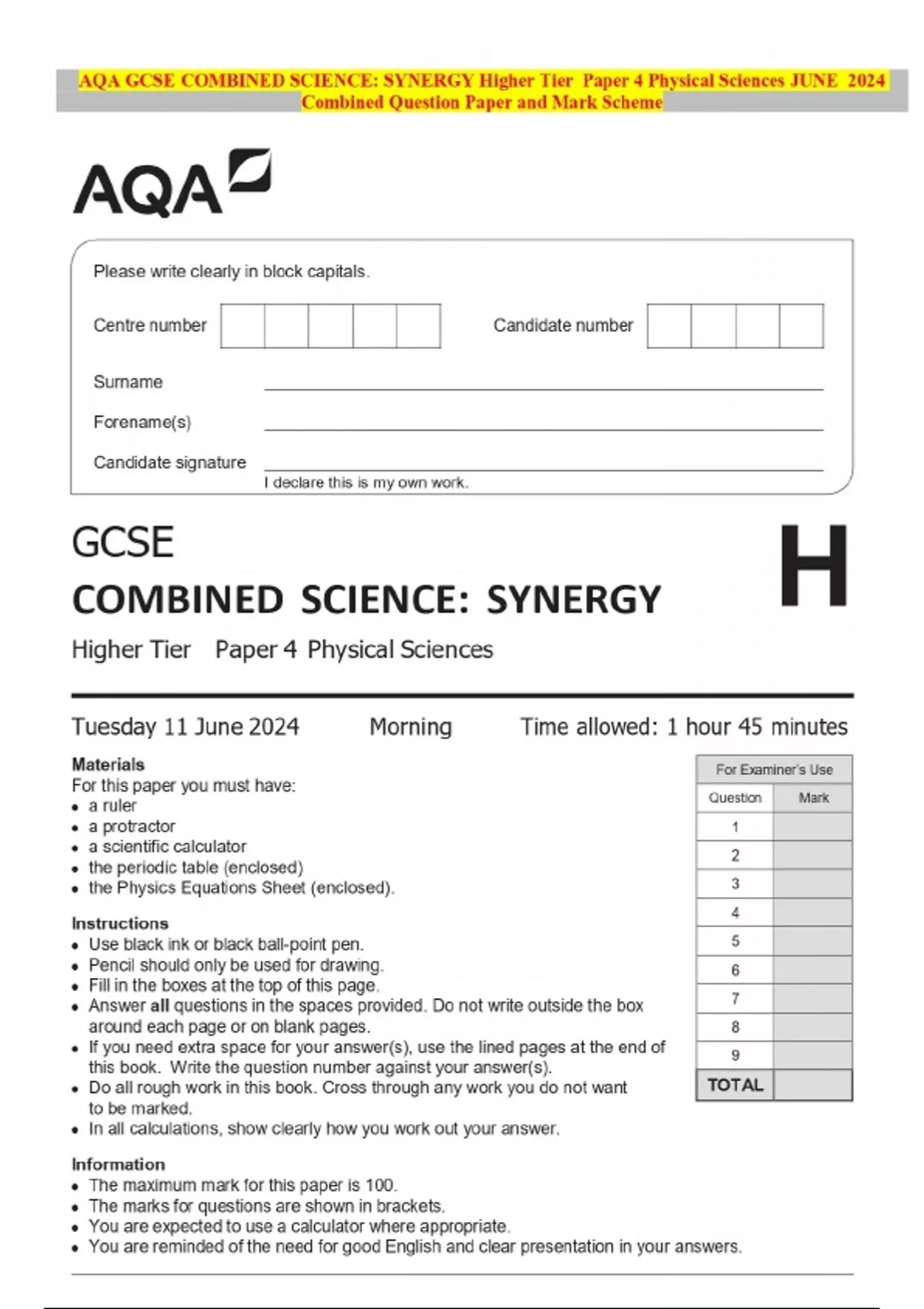 AQA GCSE COMBINED SCIENCE: SYNERGY Higher Tier Paper 4 Physical ...