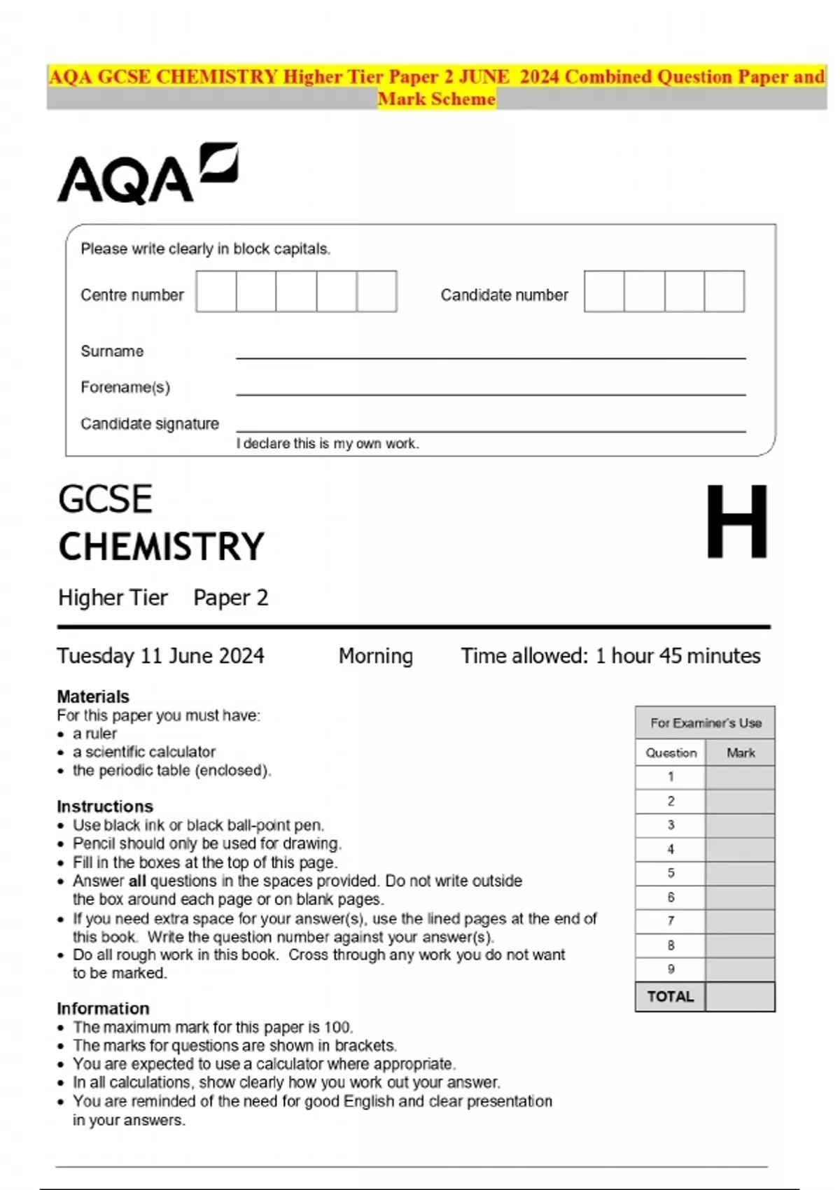 AQA GCSE CHEMISTRY Higher Tier Paper 2 JUNE 2024 Combined Question ...