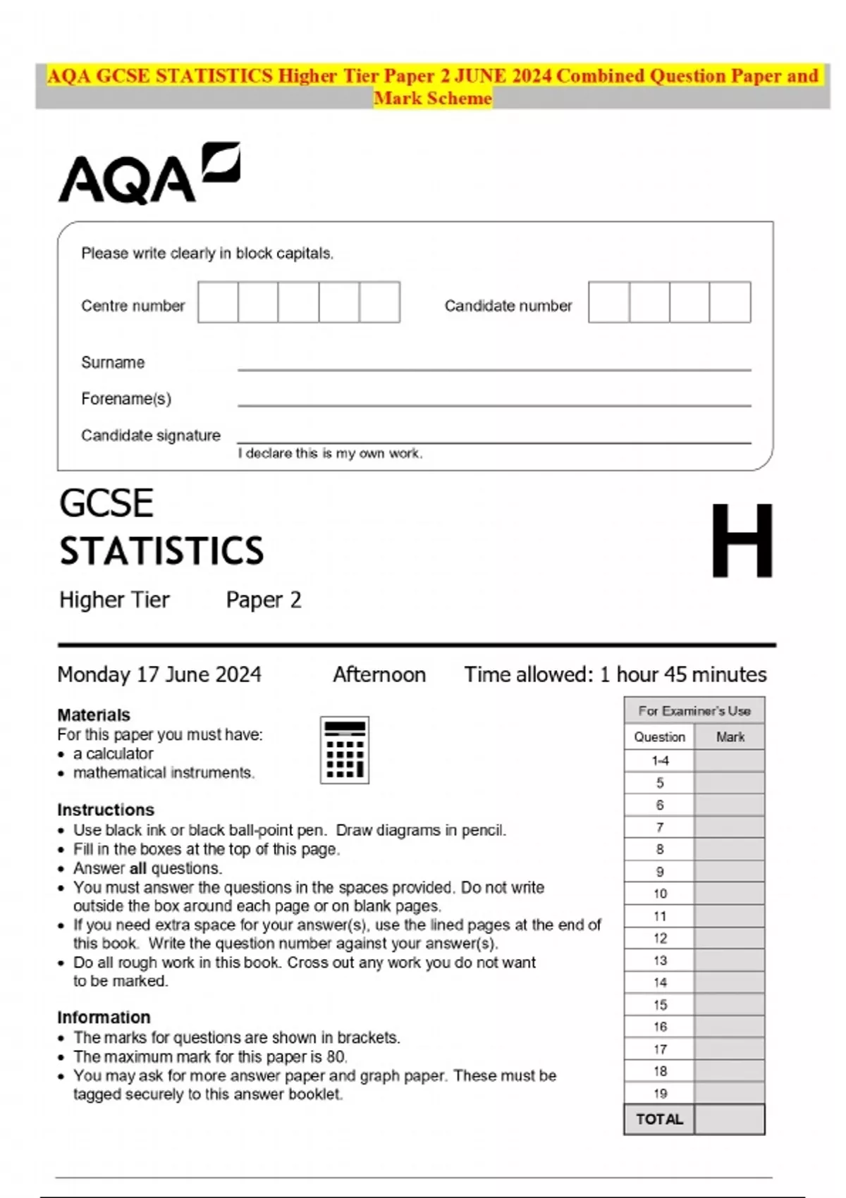 AQA GCSE STATISTICS Higher Tier Paper 2 JUNE 2024 Combined Question ...