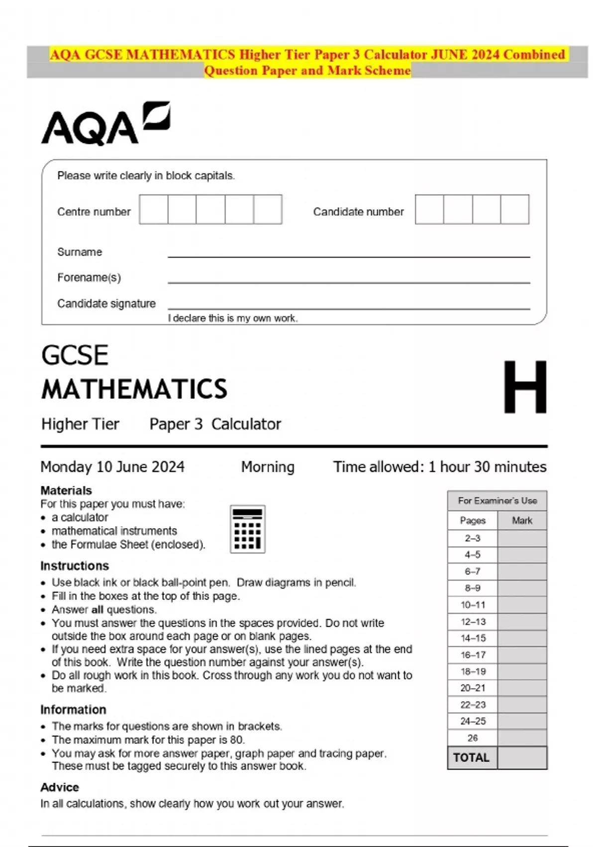 AQA GCSE MATHEMATICS Higher Tier Paper 3 Calculator JUNE 2024 Combined ...