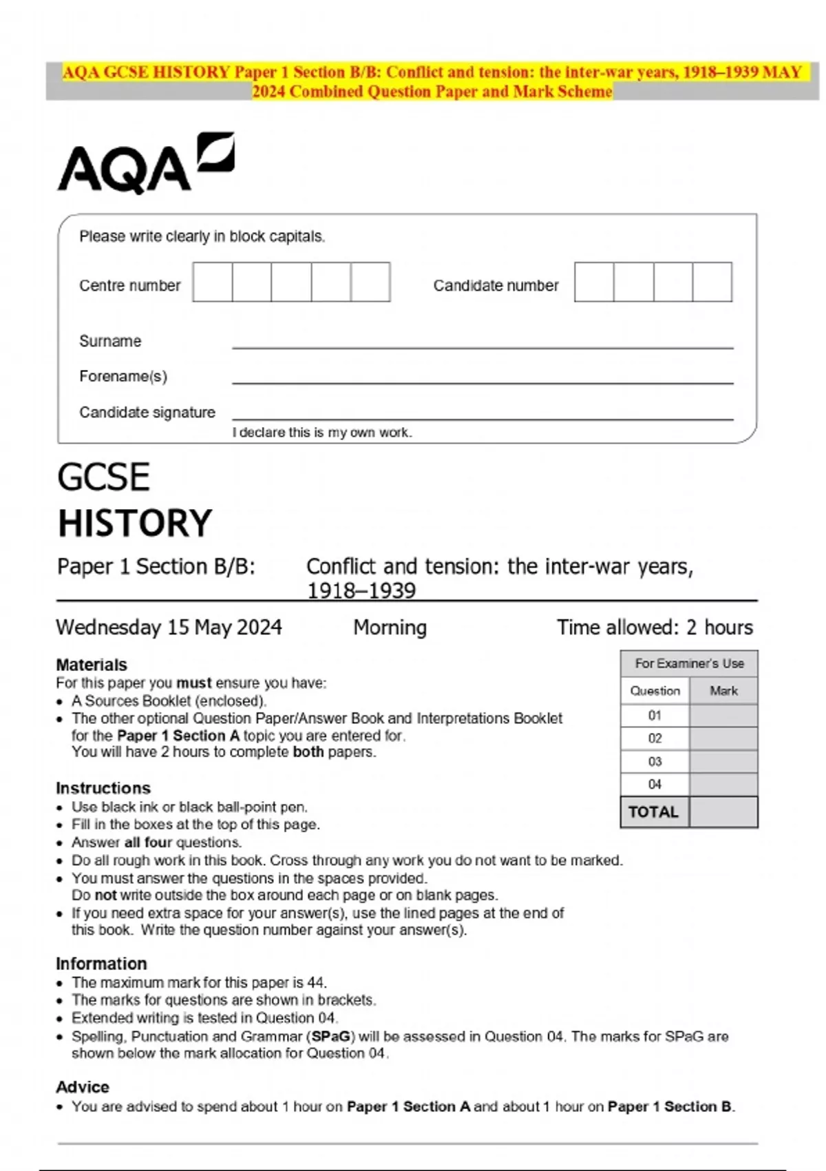 AQA GCSE HISTORY Paper 1 Section B/B: Conflict and tension: the inter ...