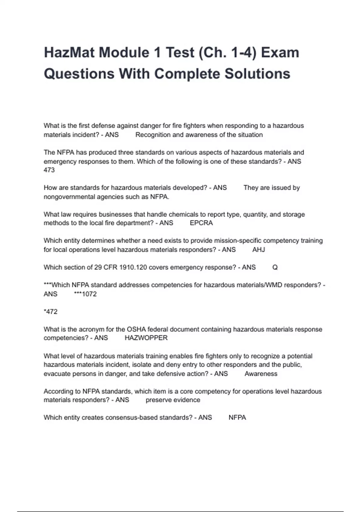 HazMat Module 1 Test (Ch. 1-4) Exam Questions With Complete Solutions ...
