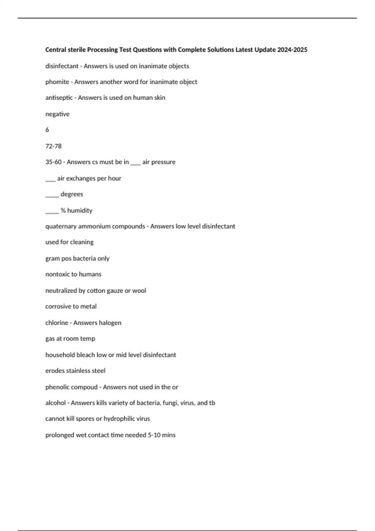 Central sterile Processing Test Questions with Complete Solutions ...