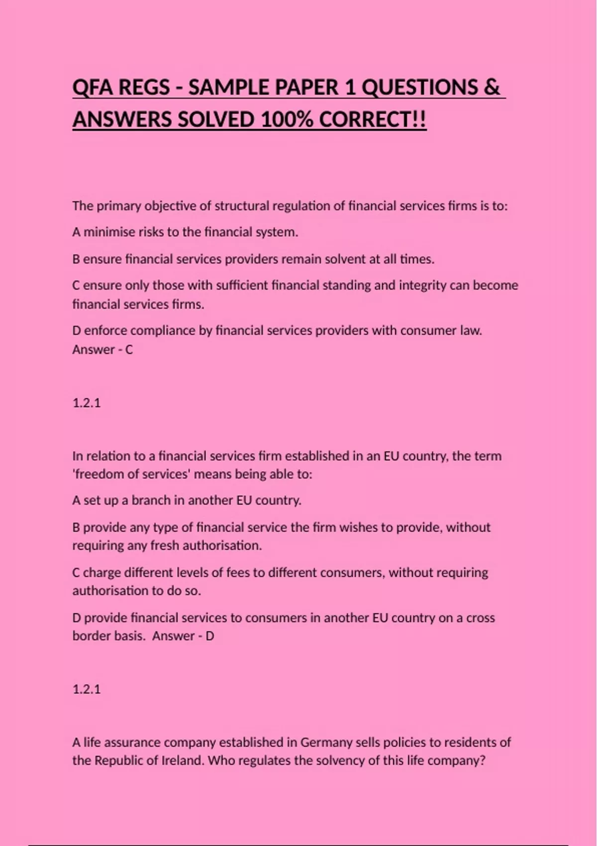 QFA REGS - SAMPLE PAPER 1 QUESTIONS & ANSWERS SOLVED 100% CORRECT ...