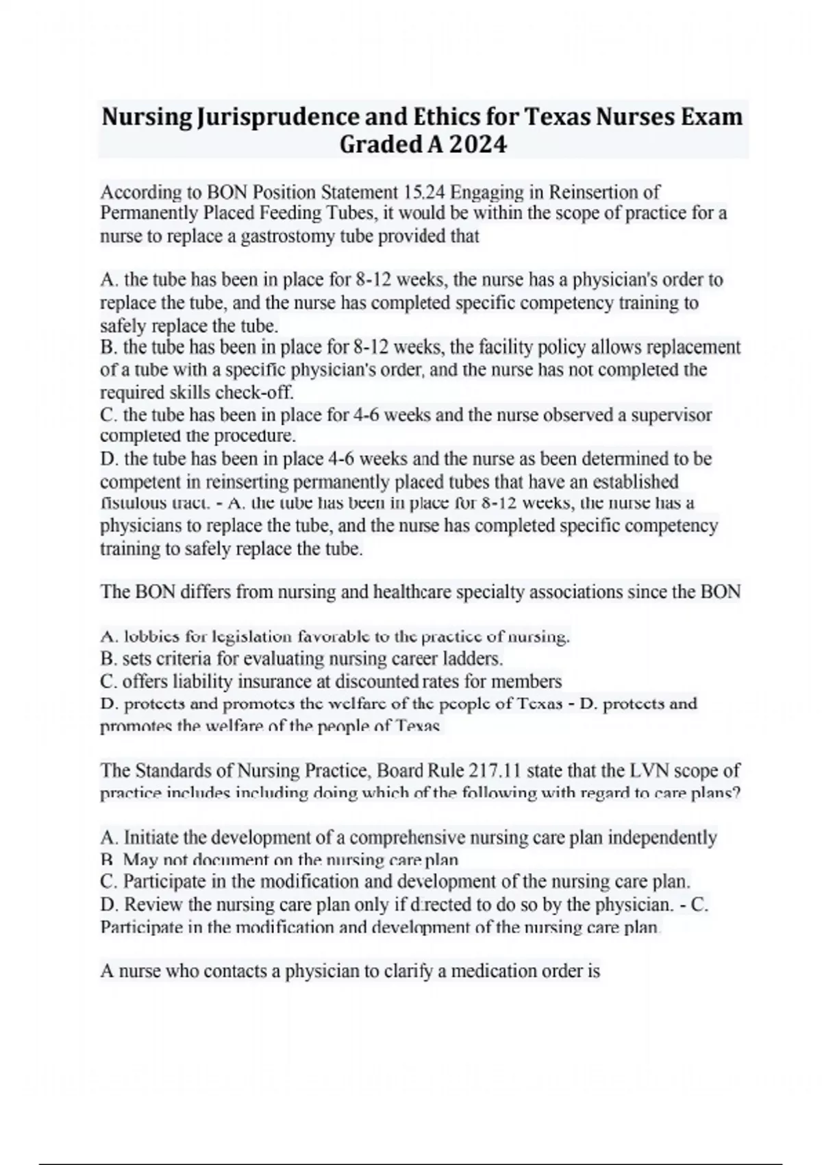 Nursing Jurisprudence and Ethics for Texas Nurses Exam Graded A 2024 ...