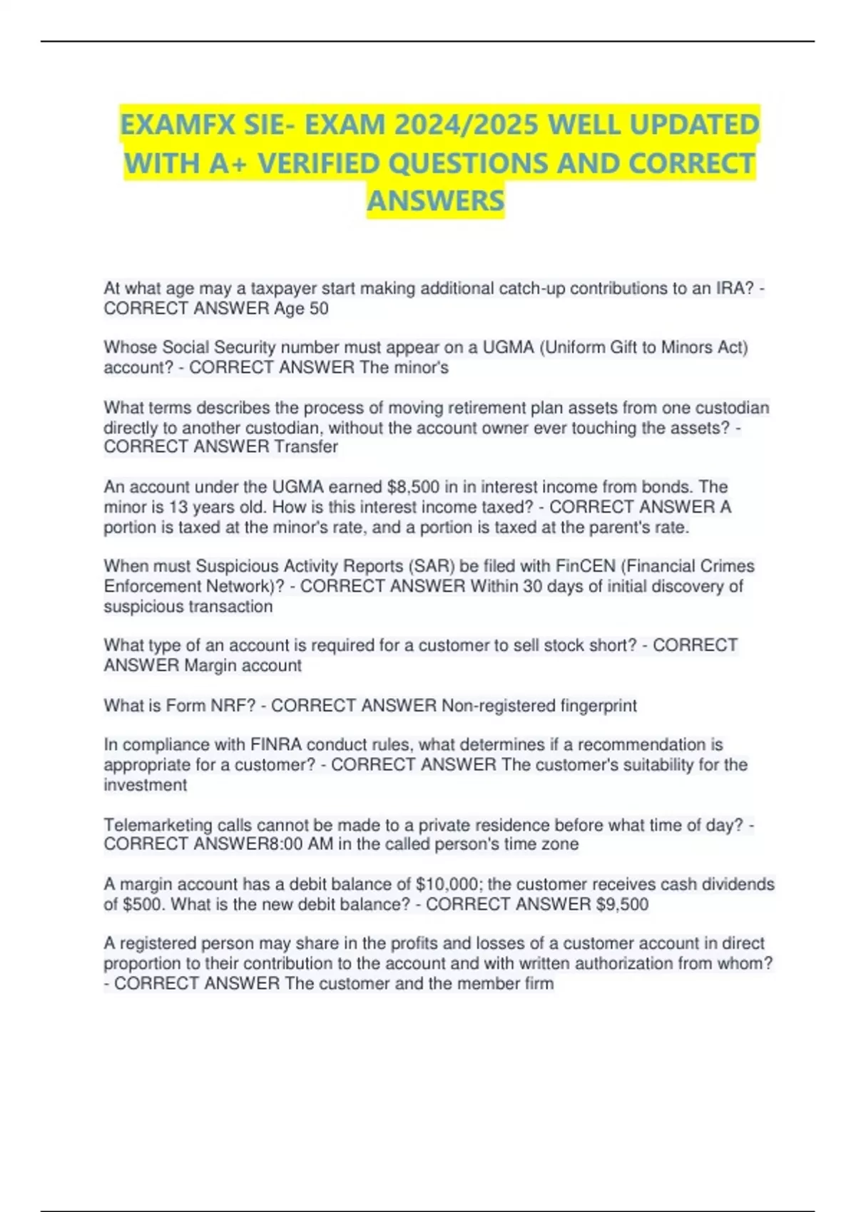 EXAMFX SIE- EXAM 2024/2025 WELL UPDATED WITH A+ VERIFIED QUESTIONS AND ...