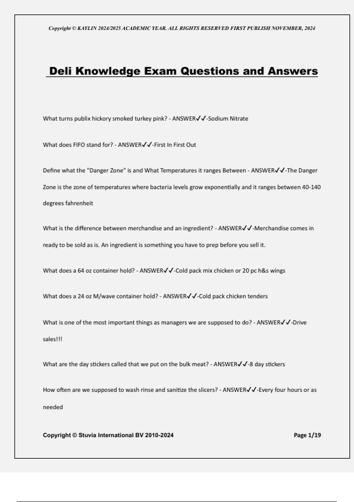 Deli Knowledge Exam Questions and Answers - Prep Tests - Stuvia US