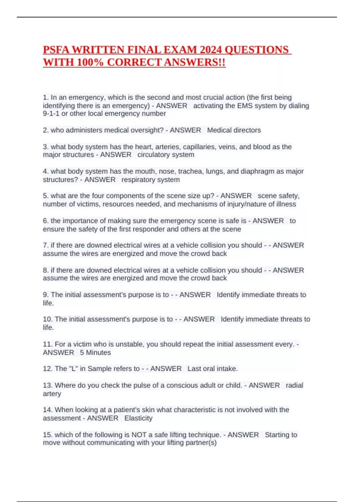 PSFA WRITTEN FINAL EXAM 2024 QUESTIONS WITH 101 - PSFA, - Stuvia US