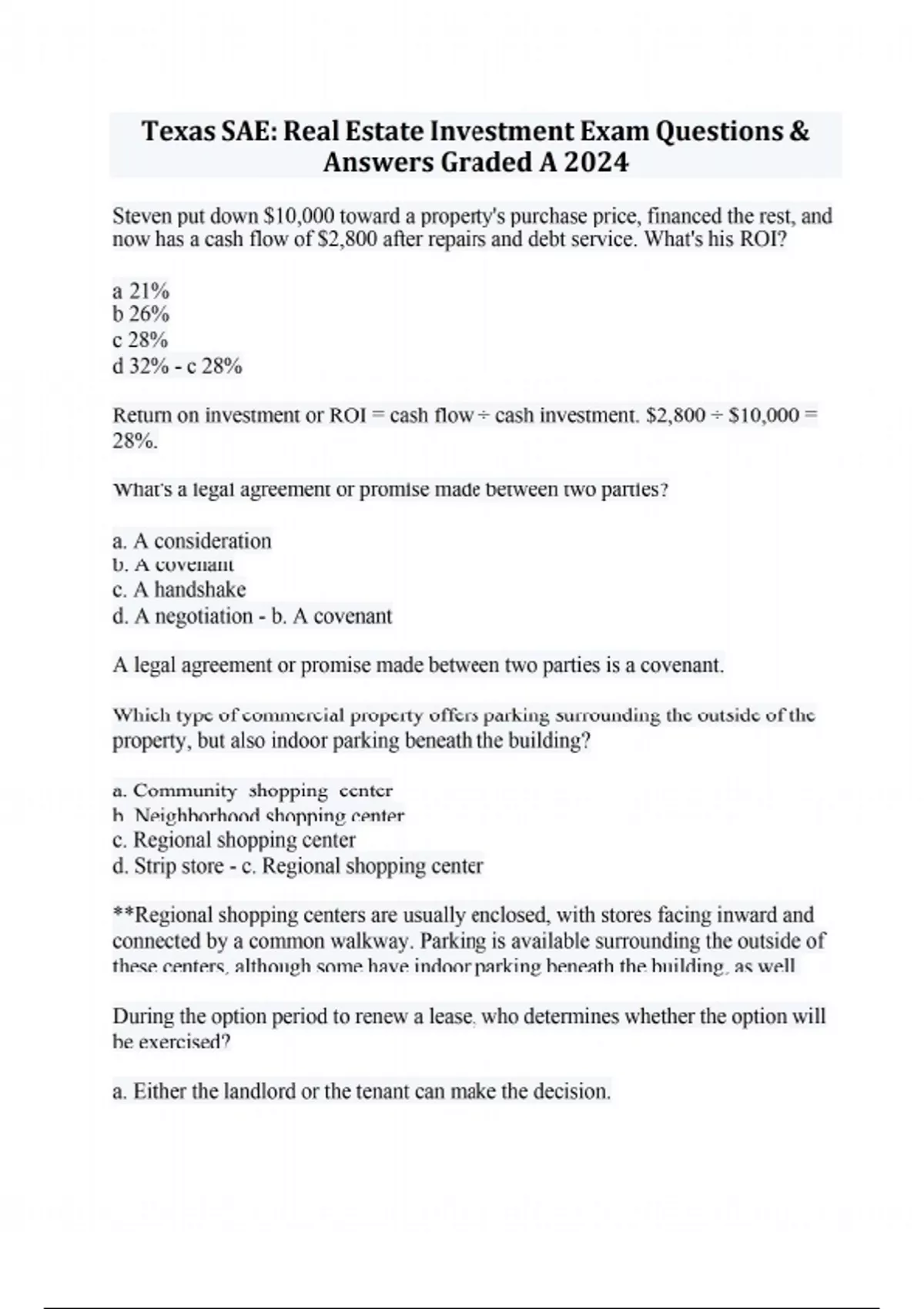 Texas SAE: Real Estate Investment Exam Questions & Answers Graded A ...