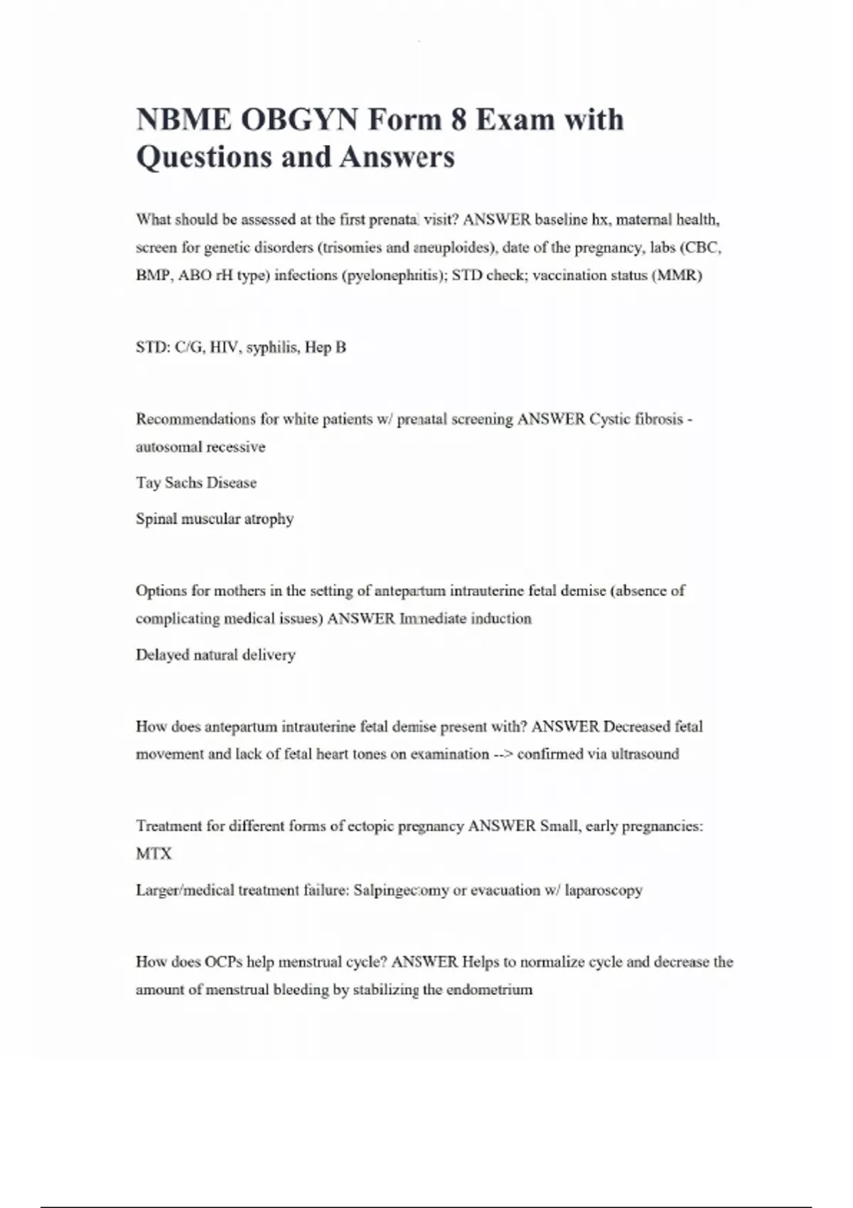 NBME OBGYN Form 8 Exam with Questions and Answers - NBME OBGYN - Stuvia US