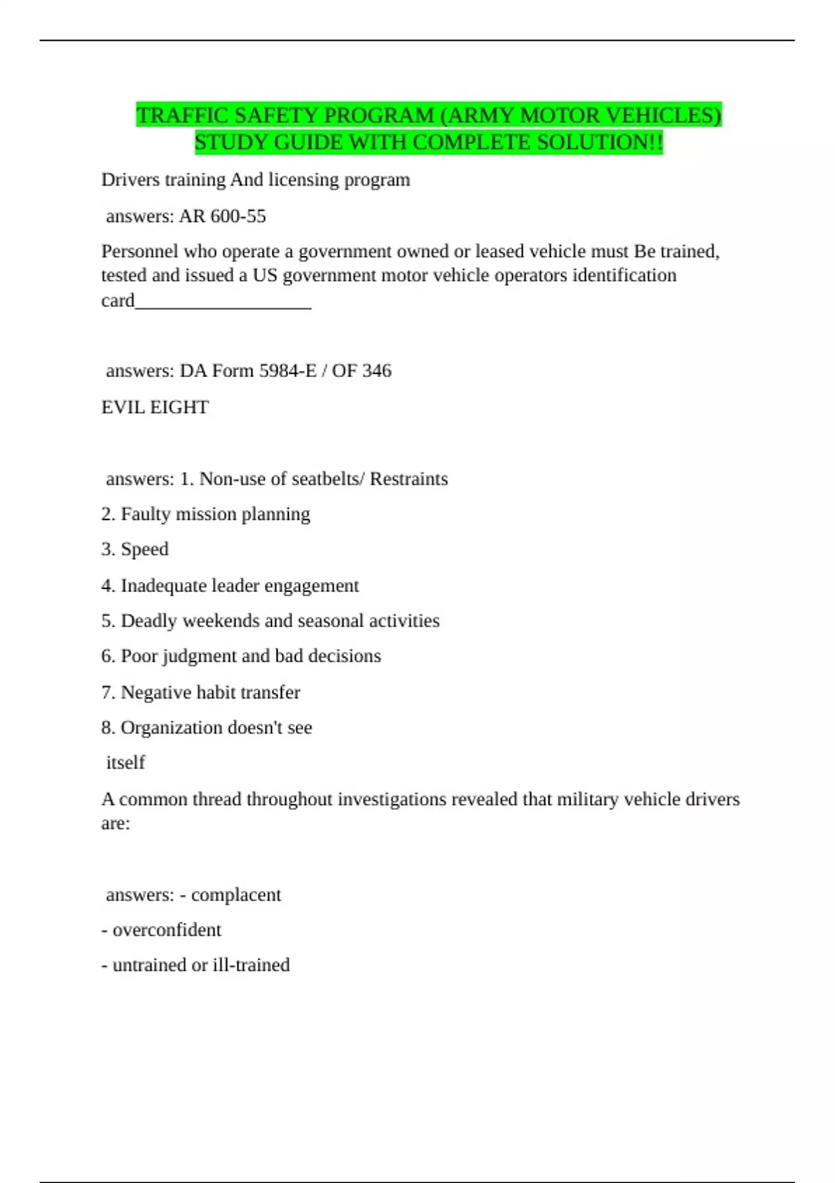 TRAFFIC SAFETY PROGRAM (ARMY MOTOR VEHICLES) STUDY GUIDE WITH COMPLETE ...