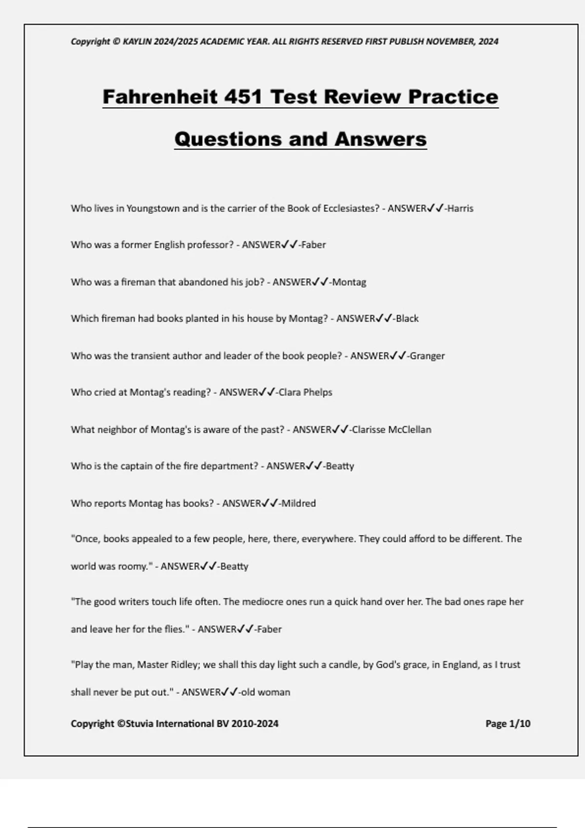 Fahrenheit 451 Test Review Practice Questions and Answers - Fahrenheit ...