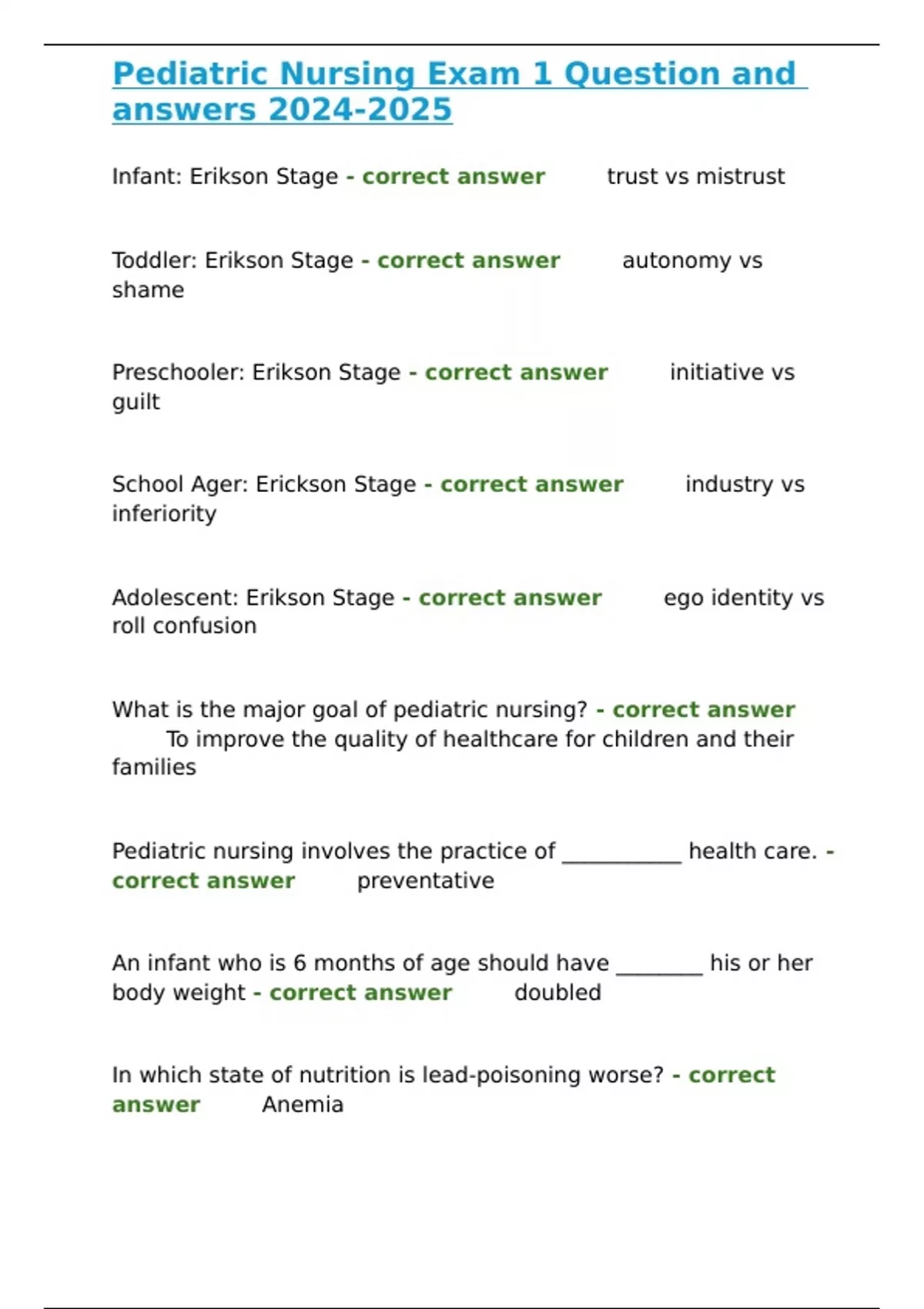 Pediatric Nursing Exam 1 Question and answers - Pediatrics - Stuvia US