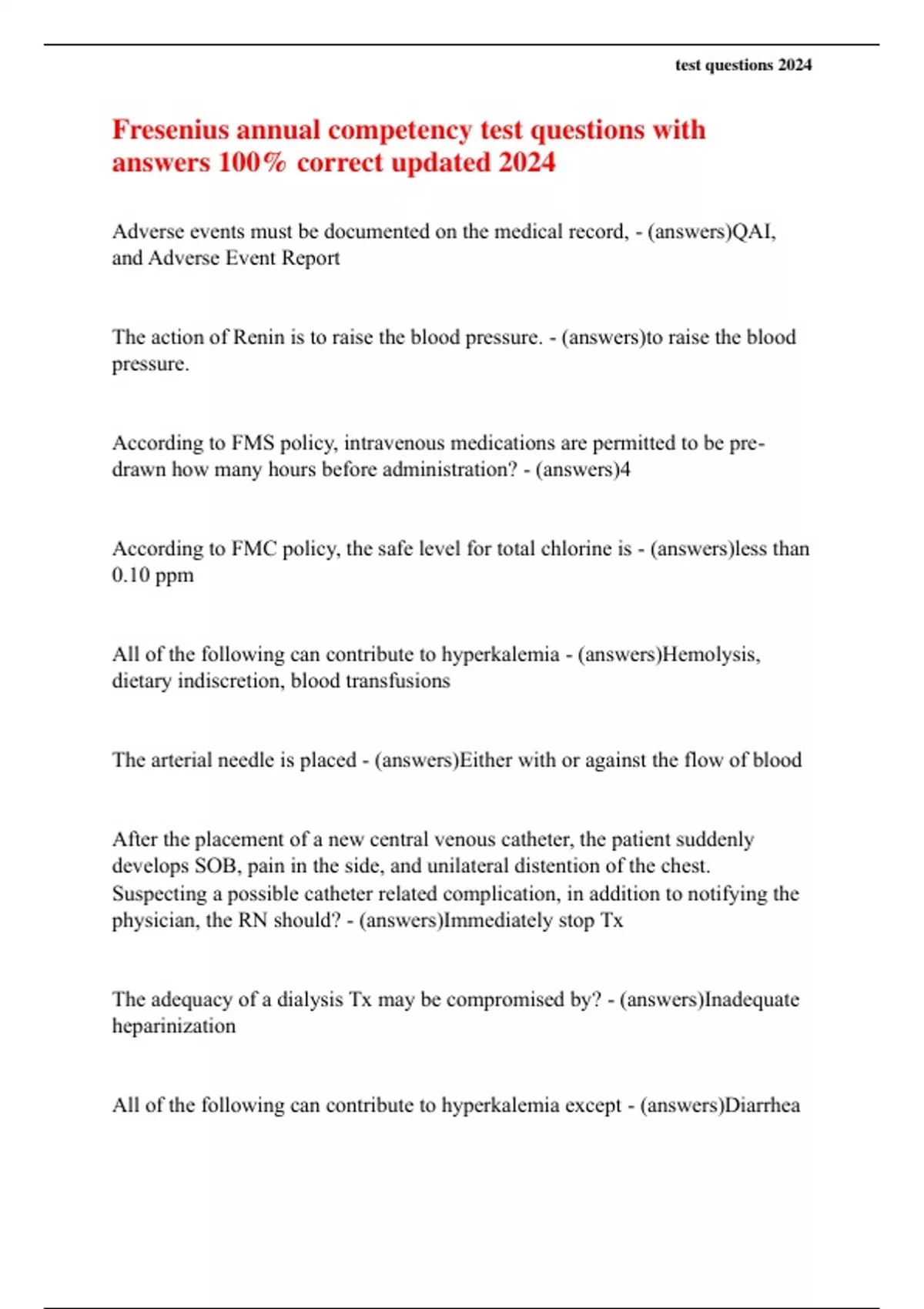 Fresenius annual competency test questions with answers 100% correct ...