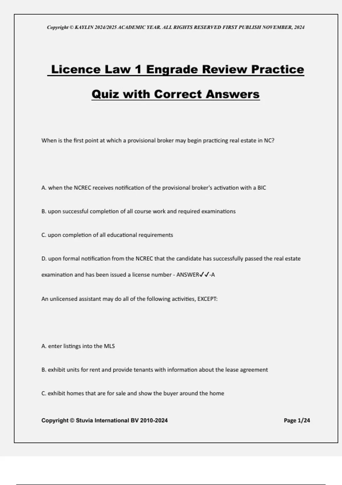 Licence Law 1 Engrade Review Practice Quiz with Correct Answers - Prep ...