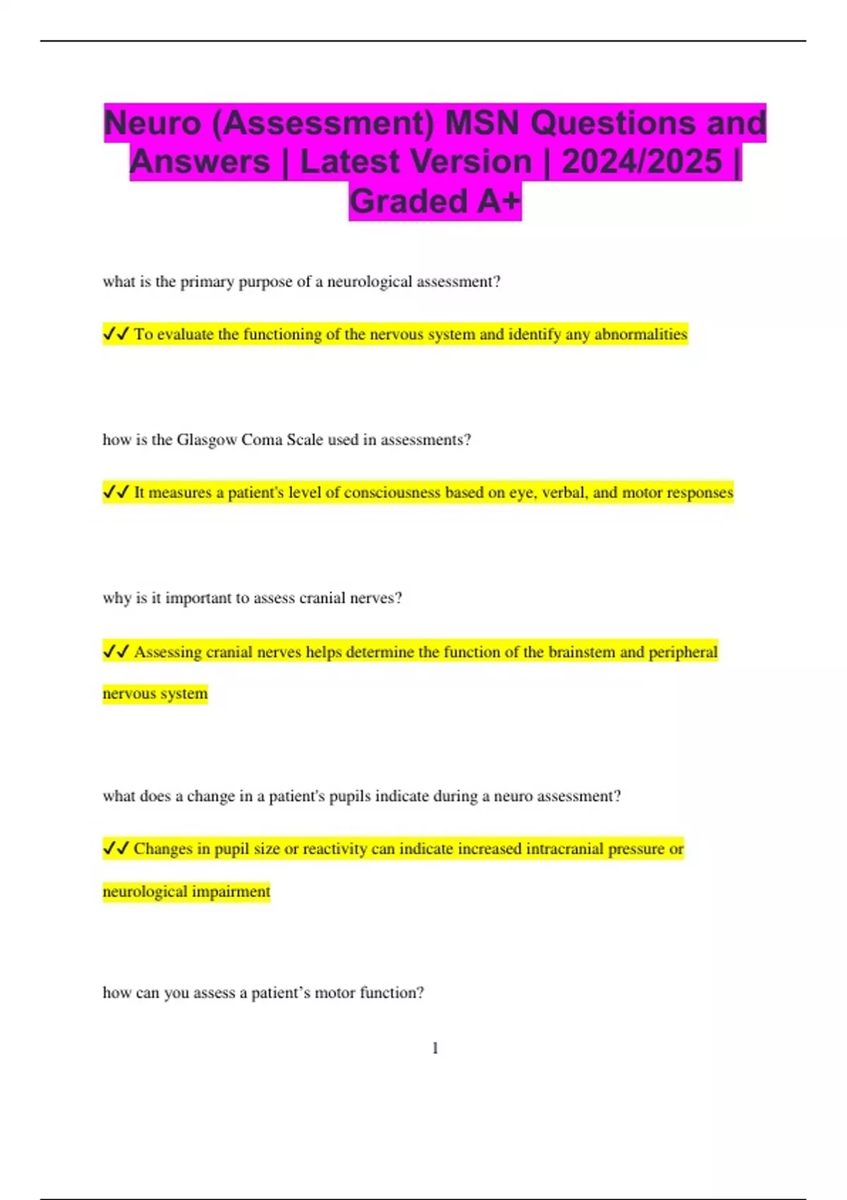 Neuro (Assessment) MSN Questions and Answers | Latest Version | 2024/ ...