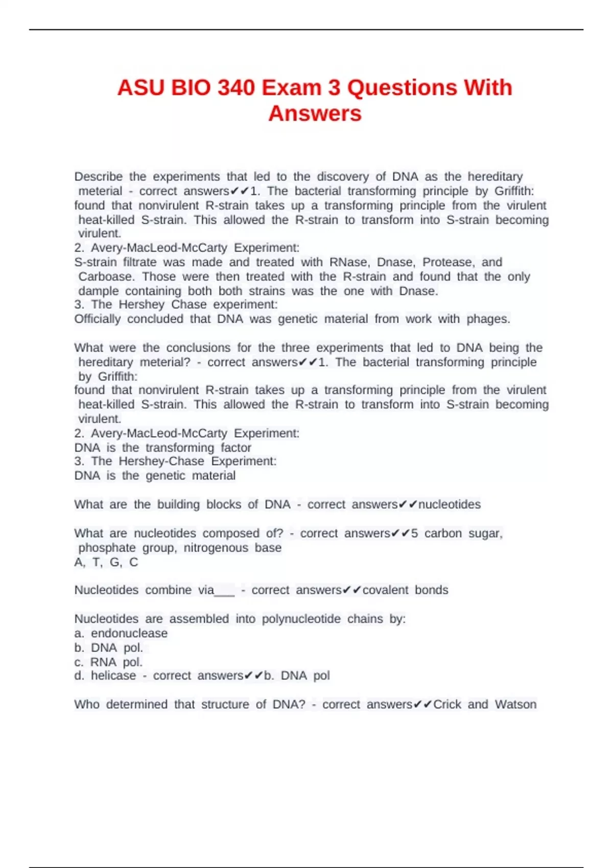 ASU BIO 340 Exam 3 Questions With Answers - ASU BIO 340 - Stuvia US