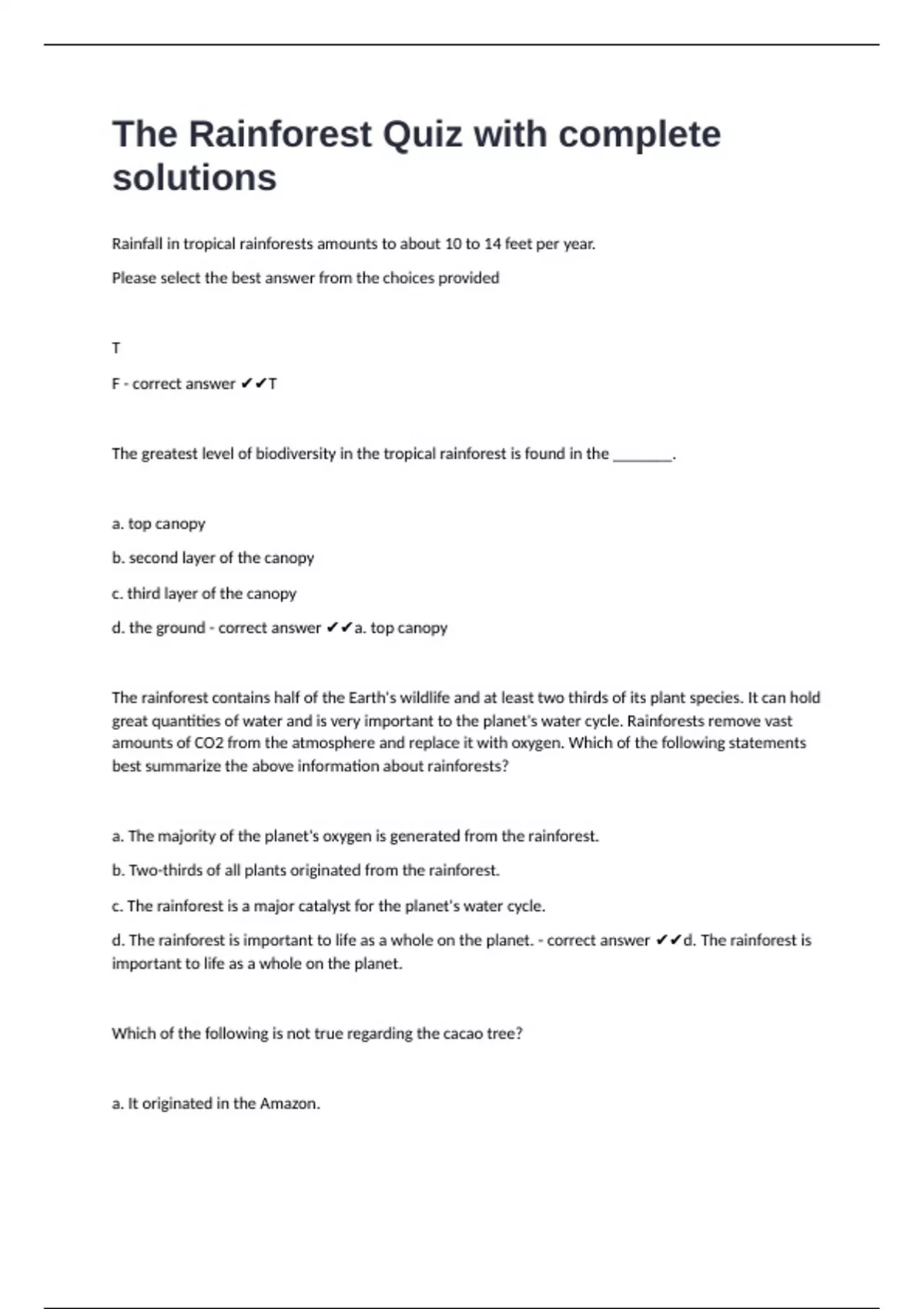 The Rainforest Quiz with complete solutions - Rainforest - Stuvia US