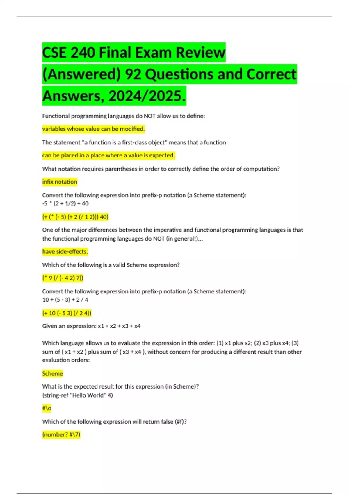 CSE 240 Final Exam Review (Answered) 92 Questions and Correct Answers, 2024/2025. - CSE 240 ...