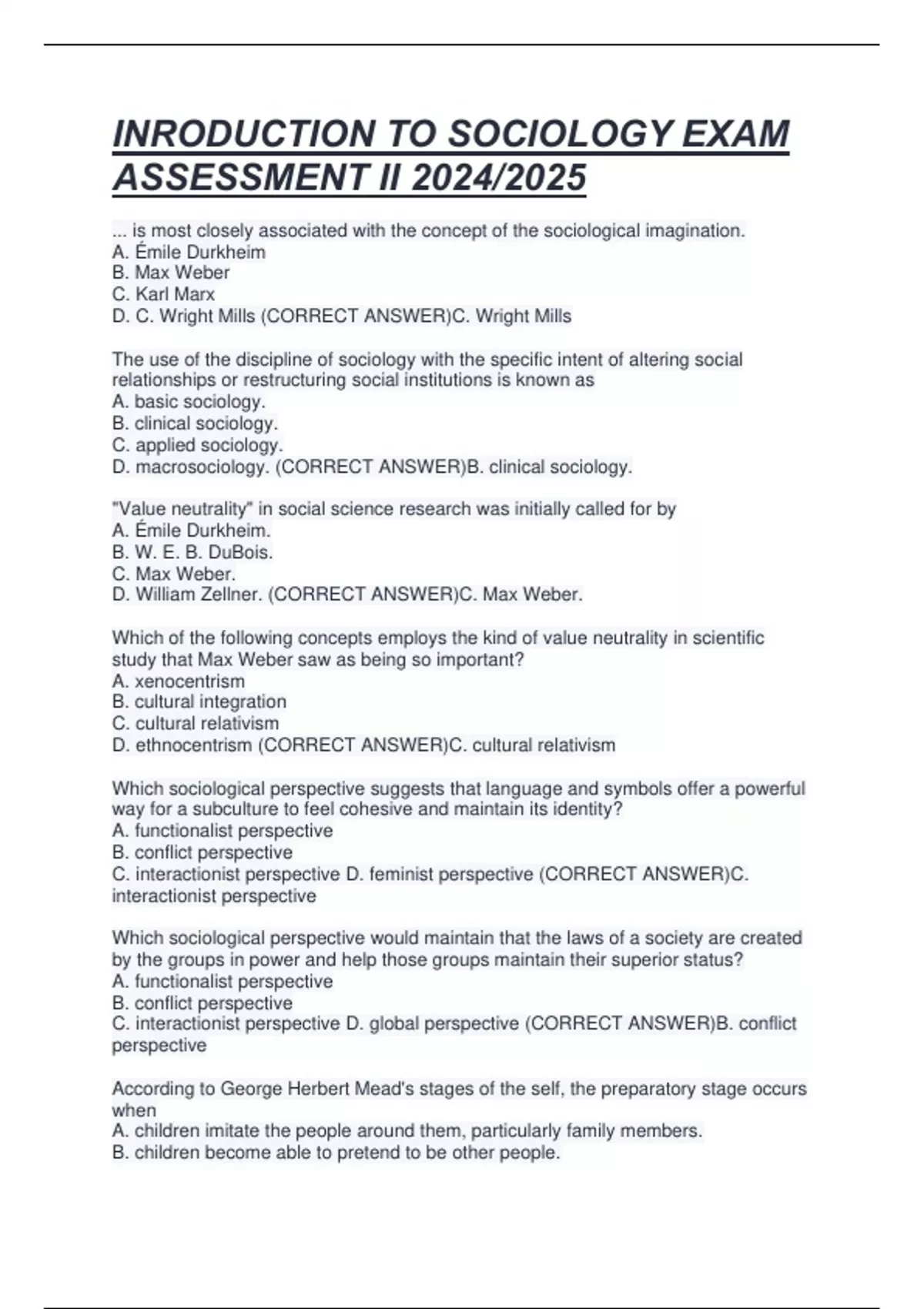 INRODUCTION TO SOCIOLOGY EXAM ASSESSMENT II 2024/2025 (QUESTIONS AND ...
