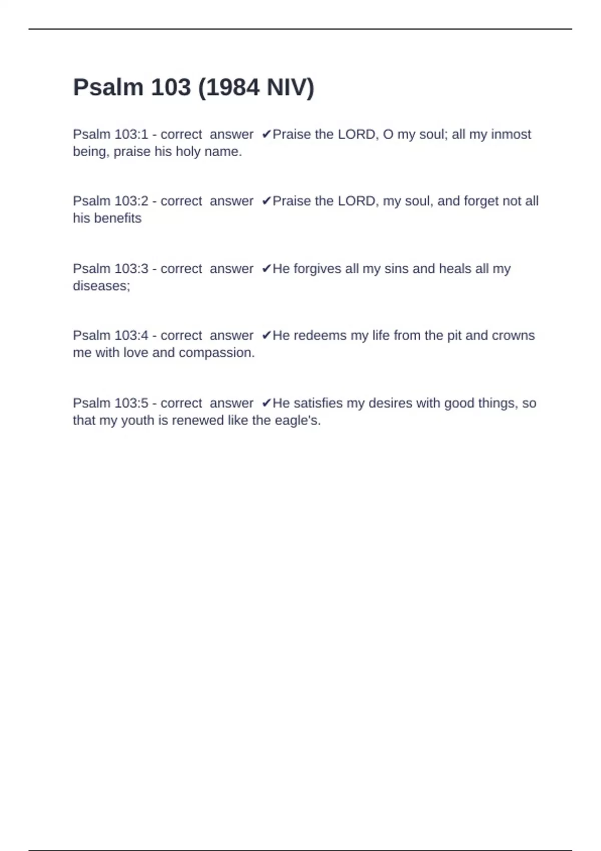 Psalm 103 b questions and answers already passed 2024 - PS 103 - Stuvia US