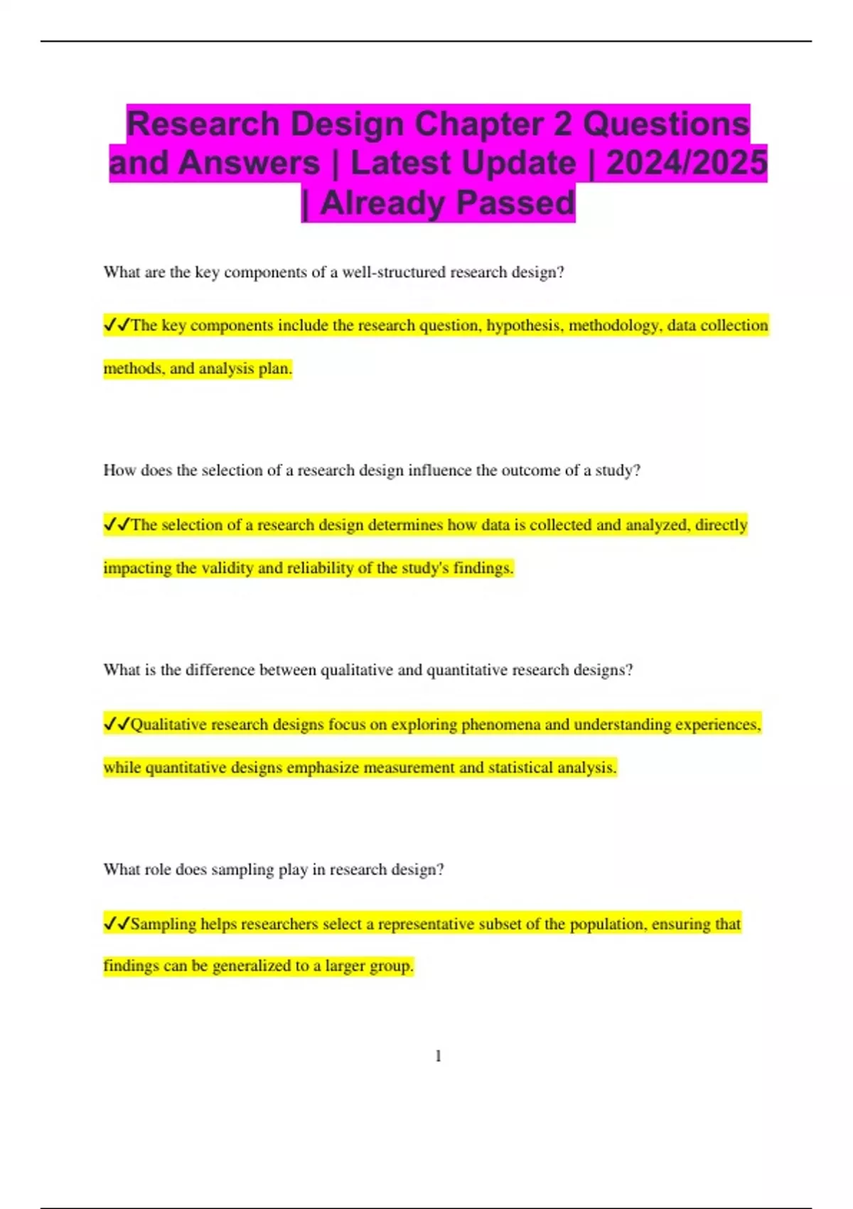 Research Design Chapter 2 Questions and Answers | Latest Update | 2024/ ...