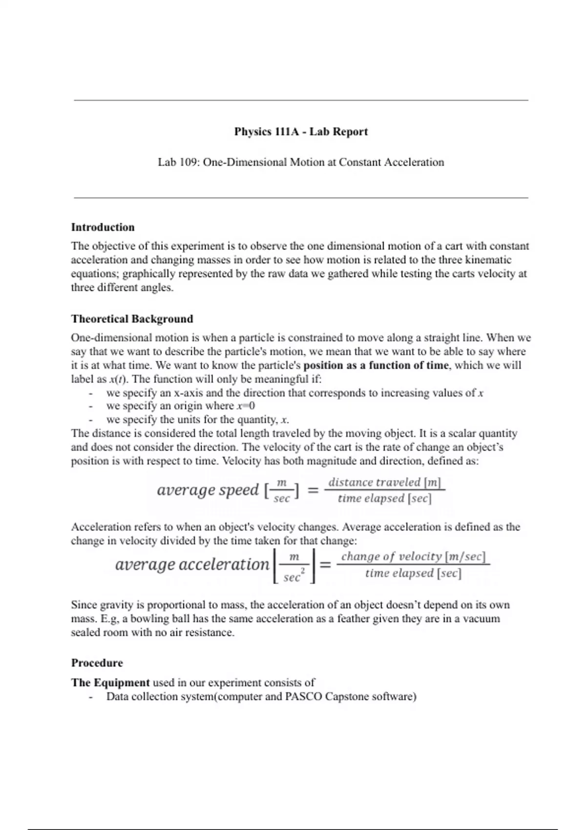 Lab 109_ One-Dimensional Motion at Constant Acceleration - PHYS111A ...
