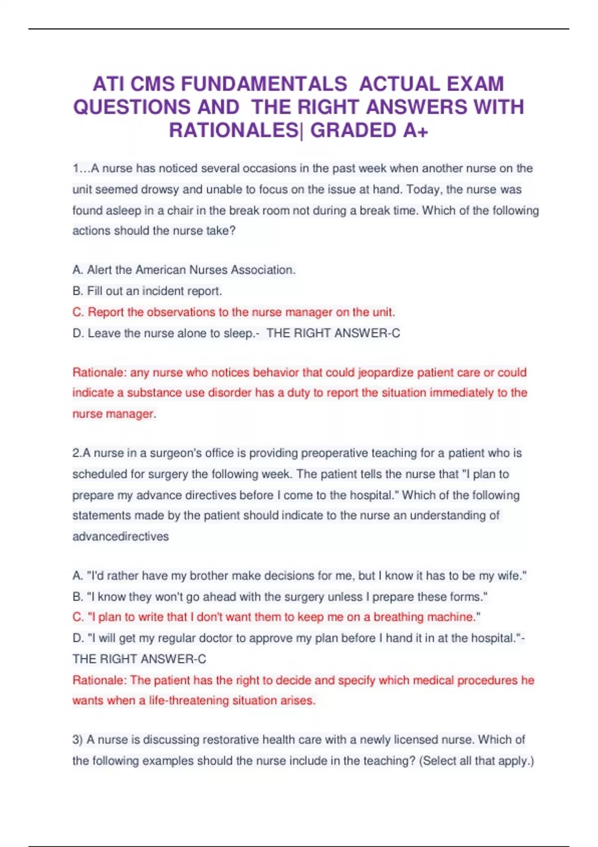 ATI CMS FUNDAMENTALS ACTUAL EXAM QUESTIONS AND THE RIGHT ANSWERS WITH ...