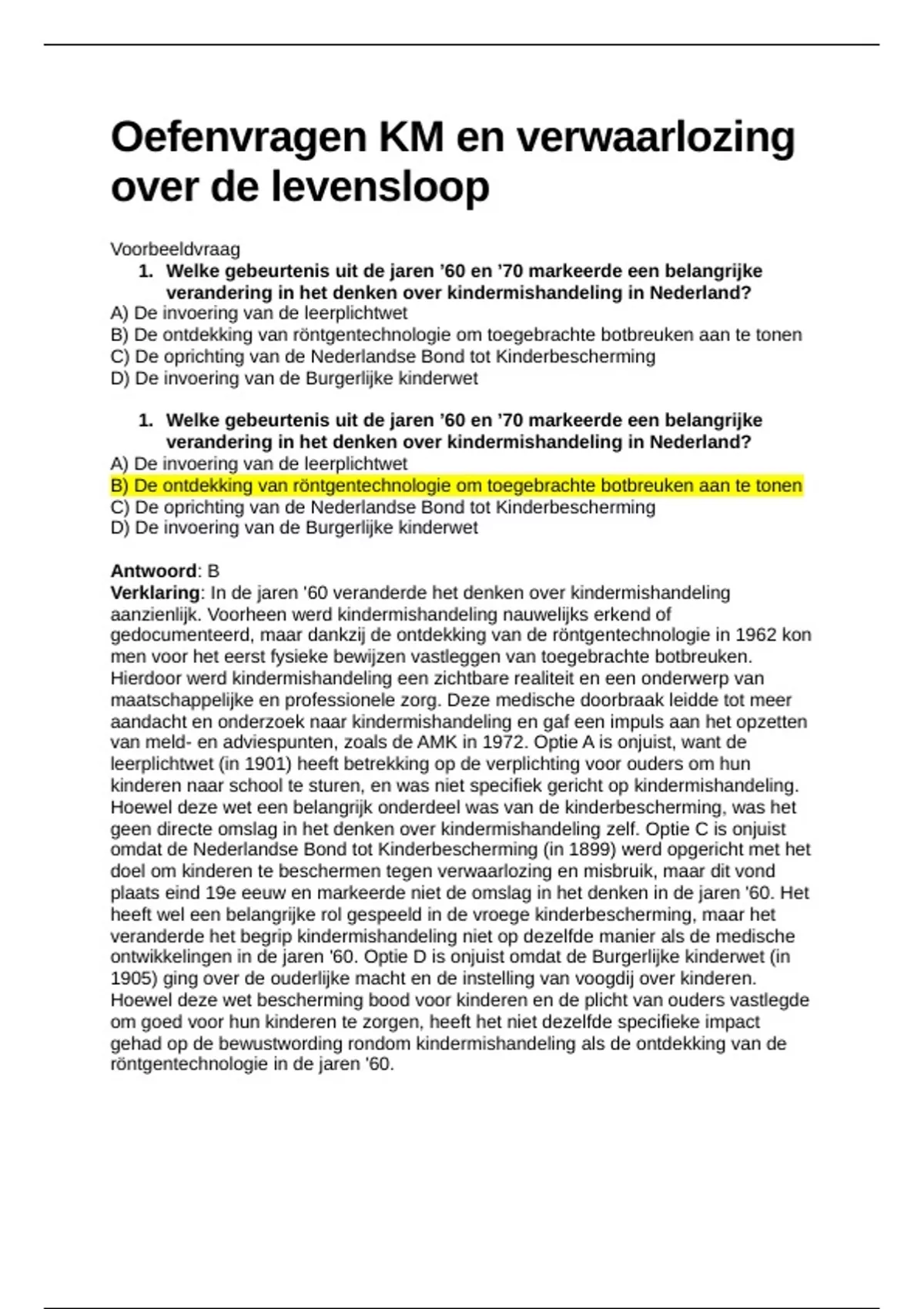 Oefentoets kindermishandeling en verwaarlozing over de levensloop - Kindermishandeling en ...