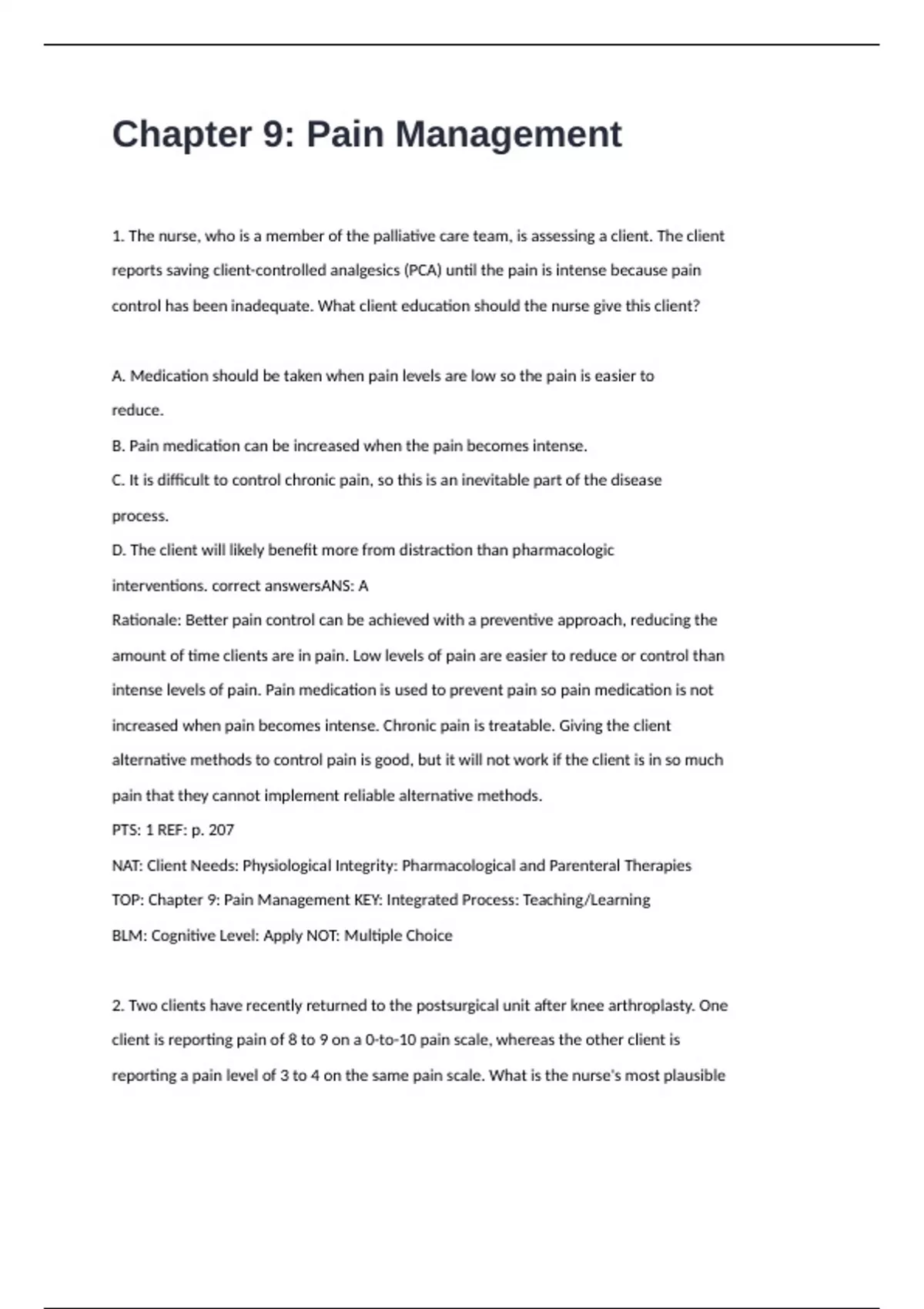 Chapter 9: Pain Management exam 2024/2025 with 100% correct answers ...