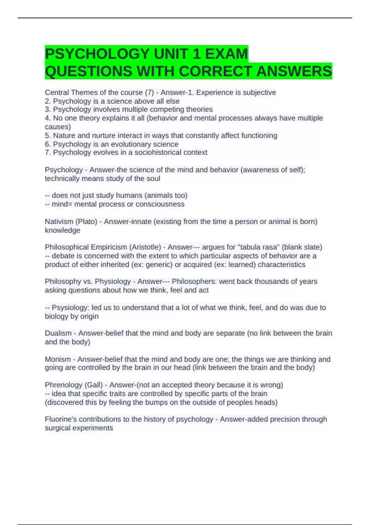 PSYCHOLOGY UNIT 1 EXAM QUESTIONS WITH CORRECT ANSWERS - PSYCHOLOGY ...