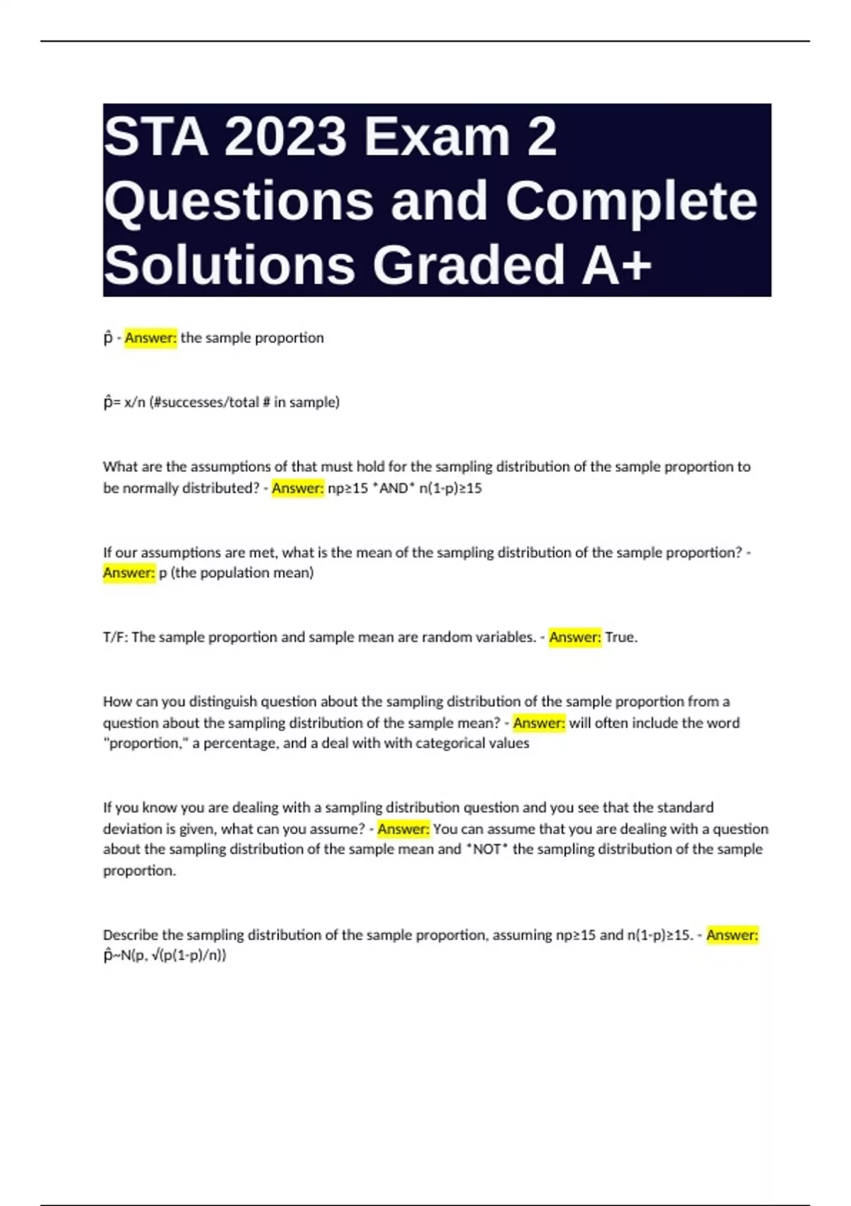 STA 2023 Exam 2 Questions and Complete Solutions Graded A+ ...