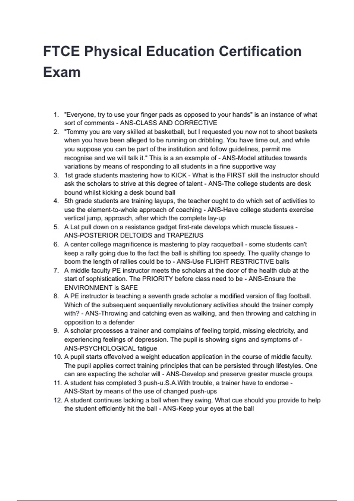 FTCE Physical Education Test Questions and Answers 2025/2026 (100% ...