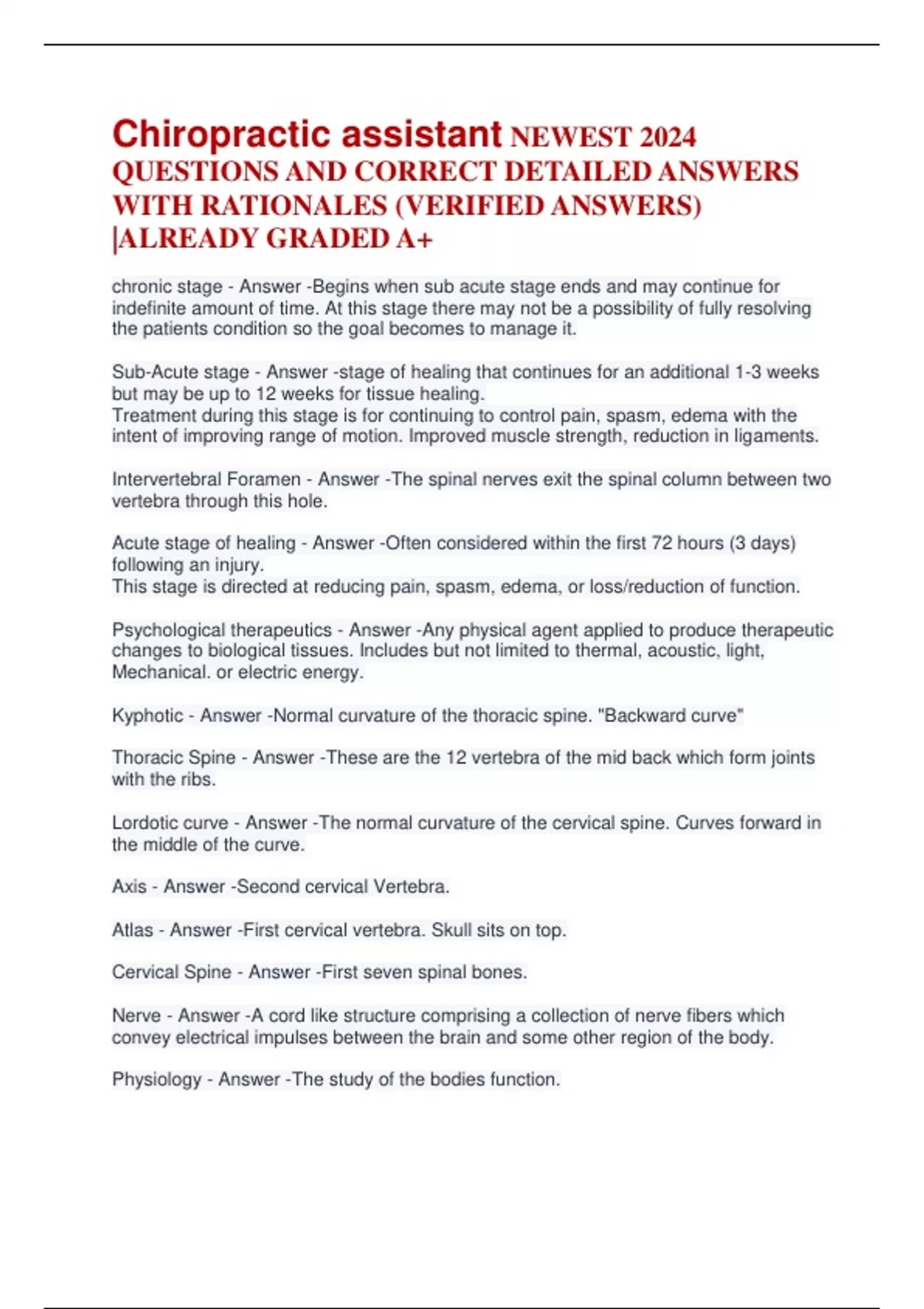 Chiropractic assistant NEWEST 2024 QUESTIONS AND CORRECT DETAILED ...