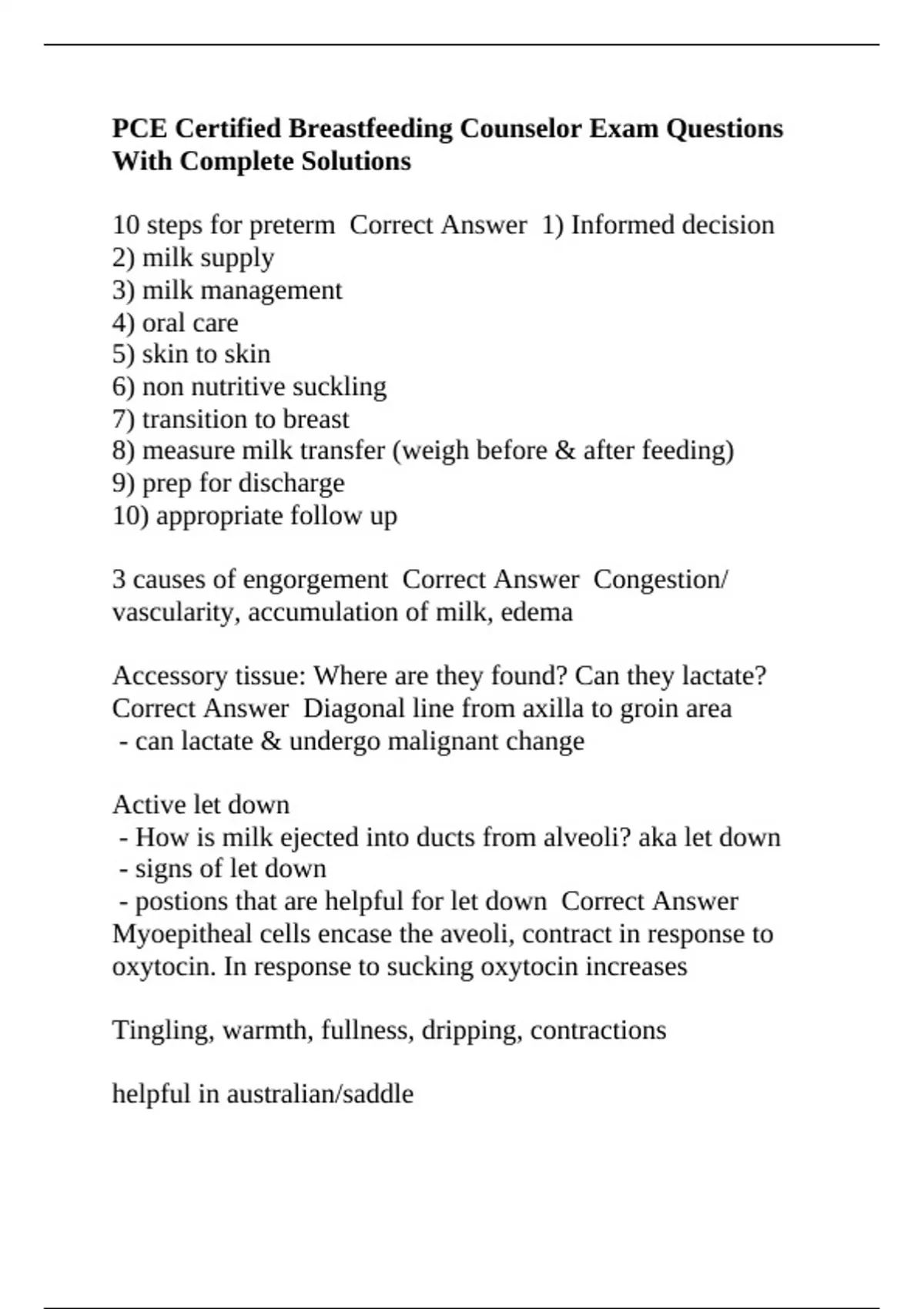 PCE Certified Breastfeeding Counselor Exam Questions With Complete Solutions - PCE - Stuvia US