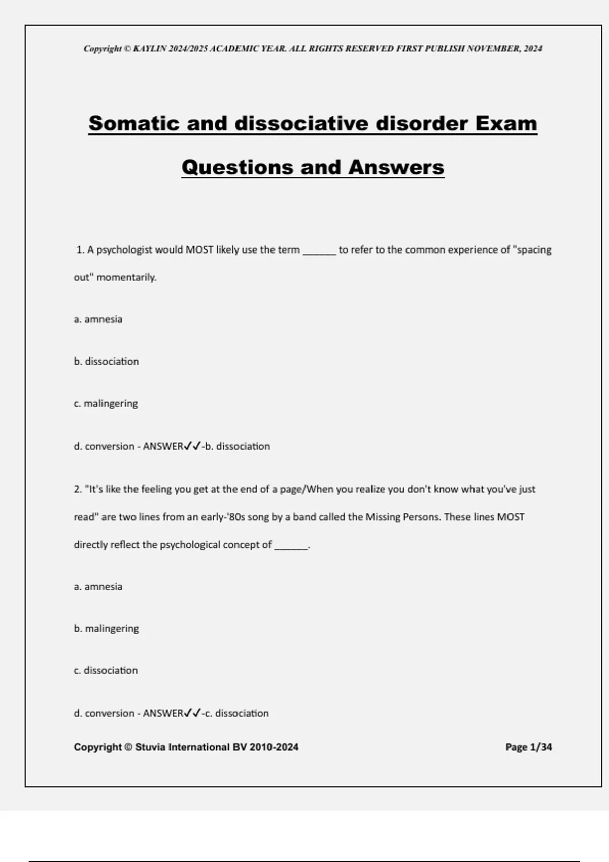 Somatic and dissociative disorder Exam Questions and Answers - Practice ...