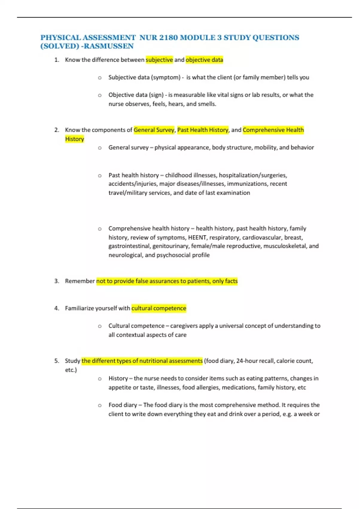 PHYSICAL ASSESSMENT NUR 2180 MODULE 3 STUDY QUESTIONS (SOLVED) -RASMUSSEN - NUR 2180 : PHYSICAL ...