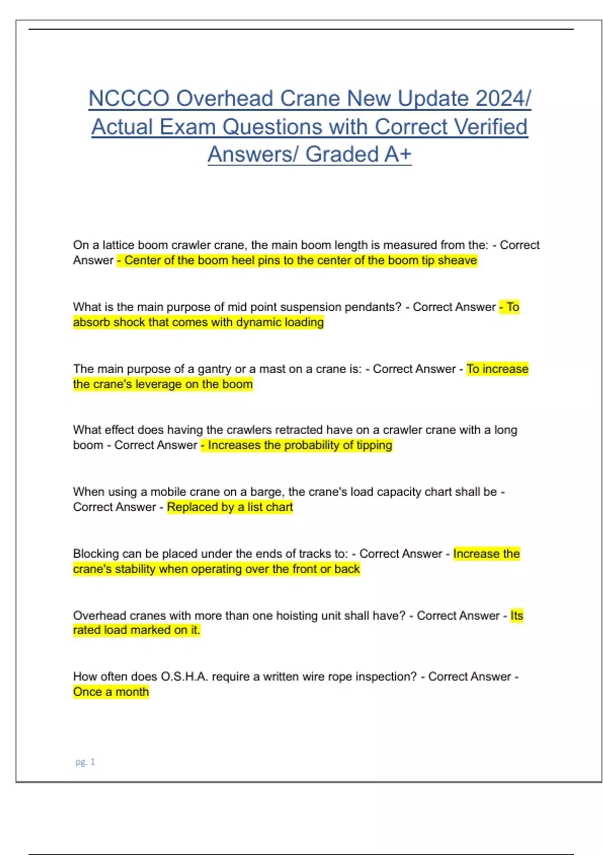 NCCCO Overhead Crane New Update 2024/ Actual Exam Questions with ...