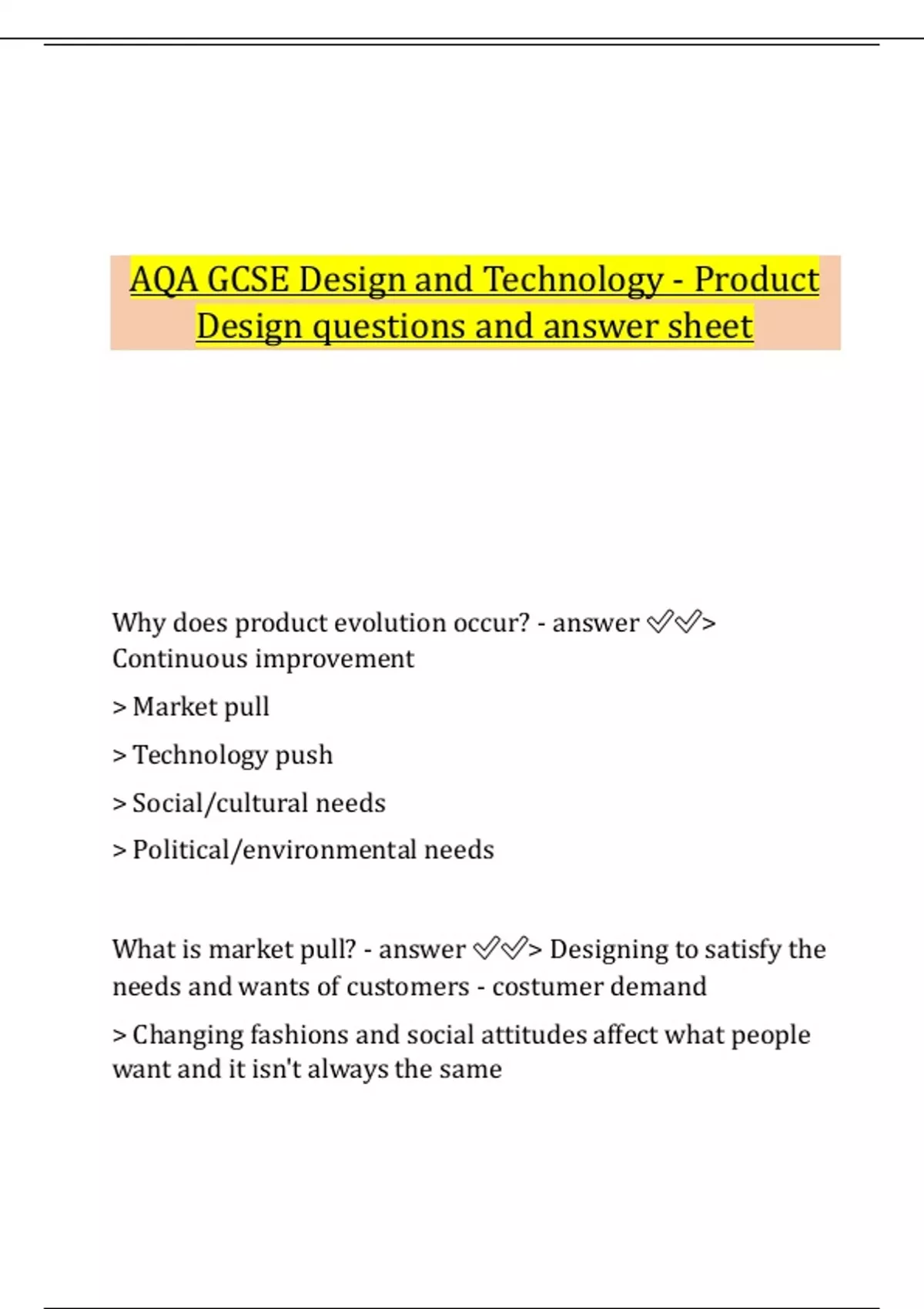 AQA GCSE Design and Technology - Product Design questions and answer sheet - AQA GCSE Design and ...