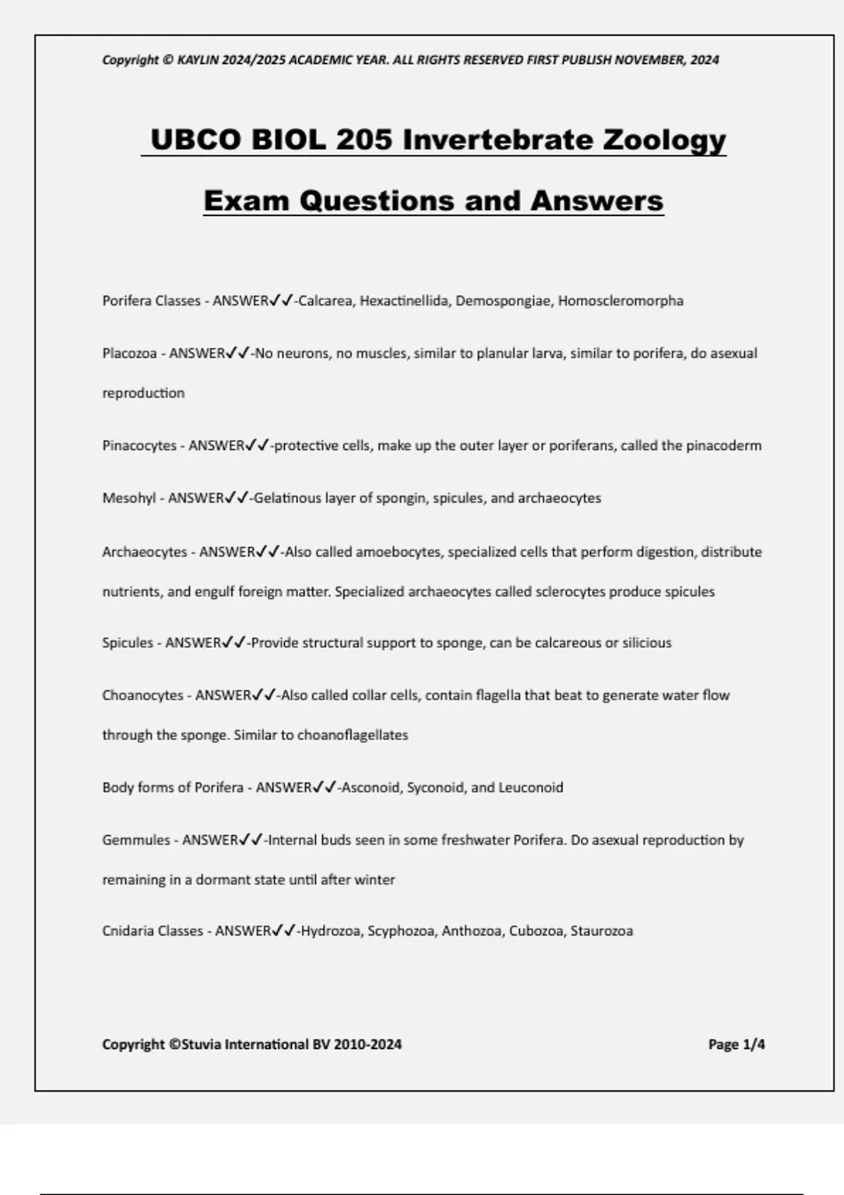 UBCO BIOL 205 Invertebrate Zoology Exam Questions and Answers ...
