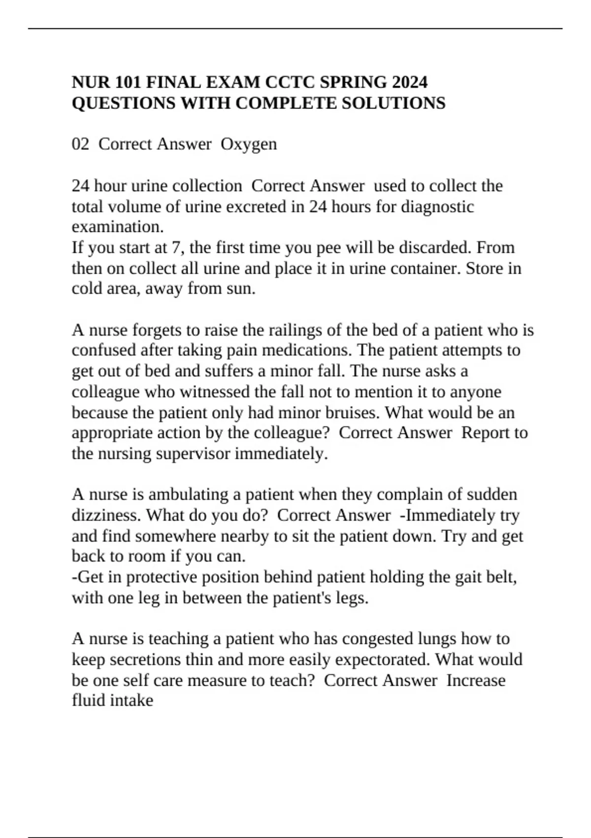 NUR 101 / NUR101 Chamberlain College Of Nursing -NUR 101 FINAL EXAM CCTC SPRING 2024 QUESTIONS ...