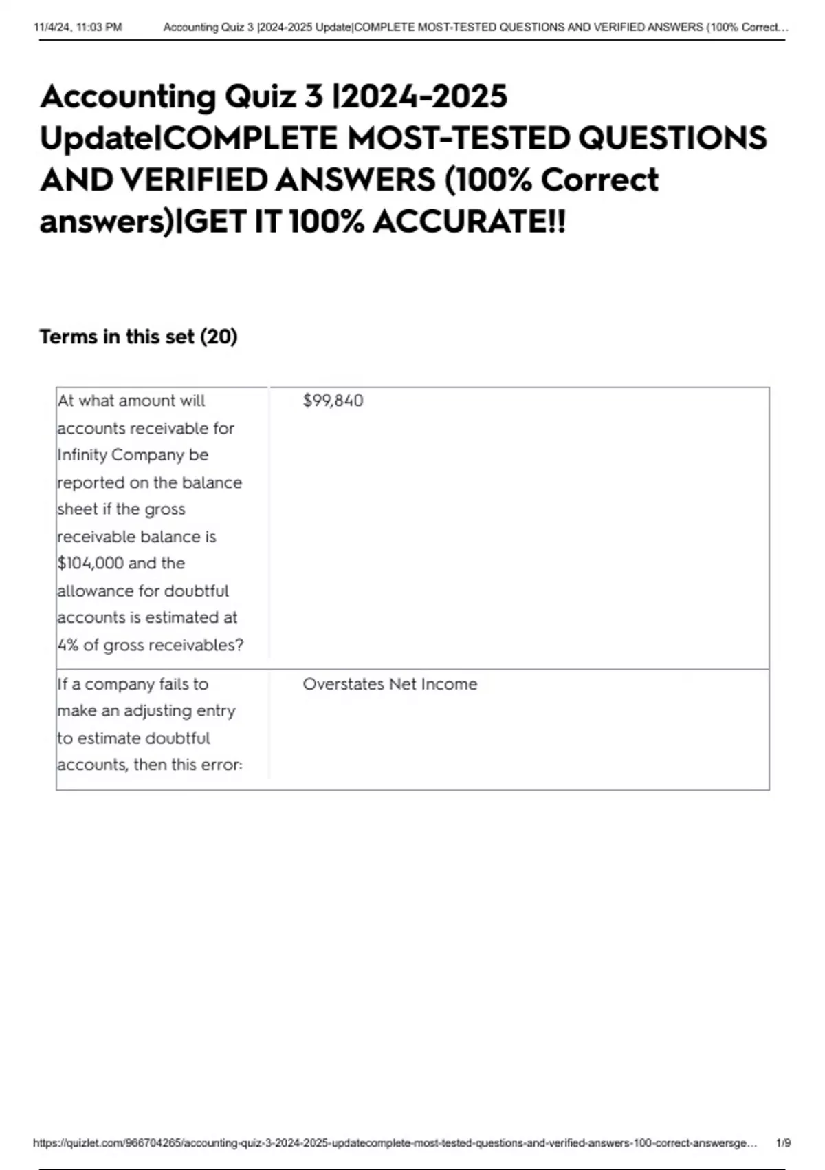 Accounting Quiz 3 | Update|COMPLETE MOST-TESTED QUESTIONS AND VERIFIED ...
