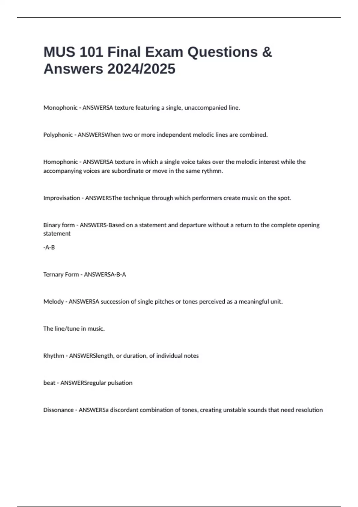 MUS 101 Final Exam Questions & Answers 2024/2025 - MUS 101 - Stuvia US