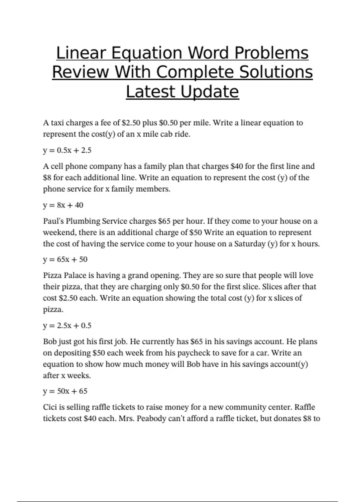 Linear Equation Word Problems Review With Complete Solutions Latest ...