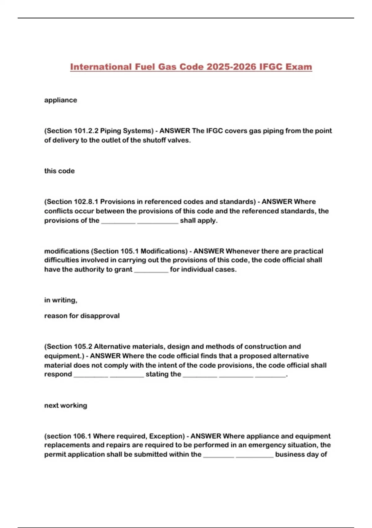 International Fuel Gas Code IFGC Exam - International Fuel Gas Code ...