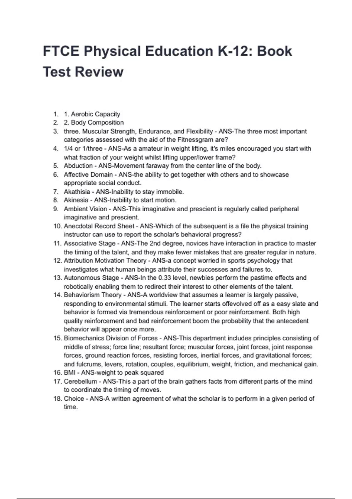 FTCE Physical Education K-12: Book Test Review Questions and Answers ...